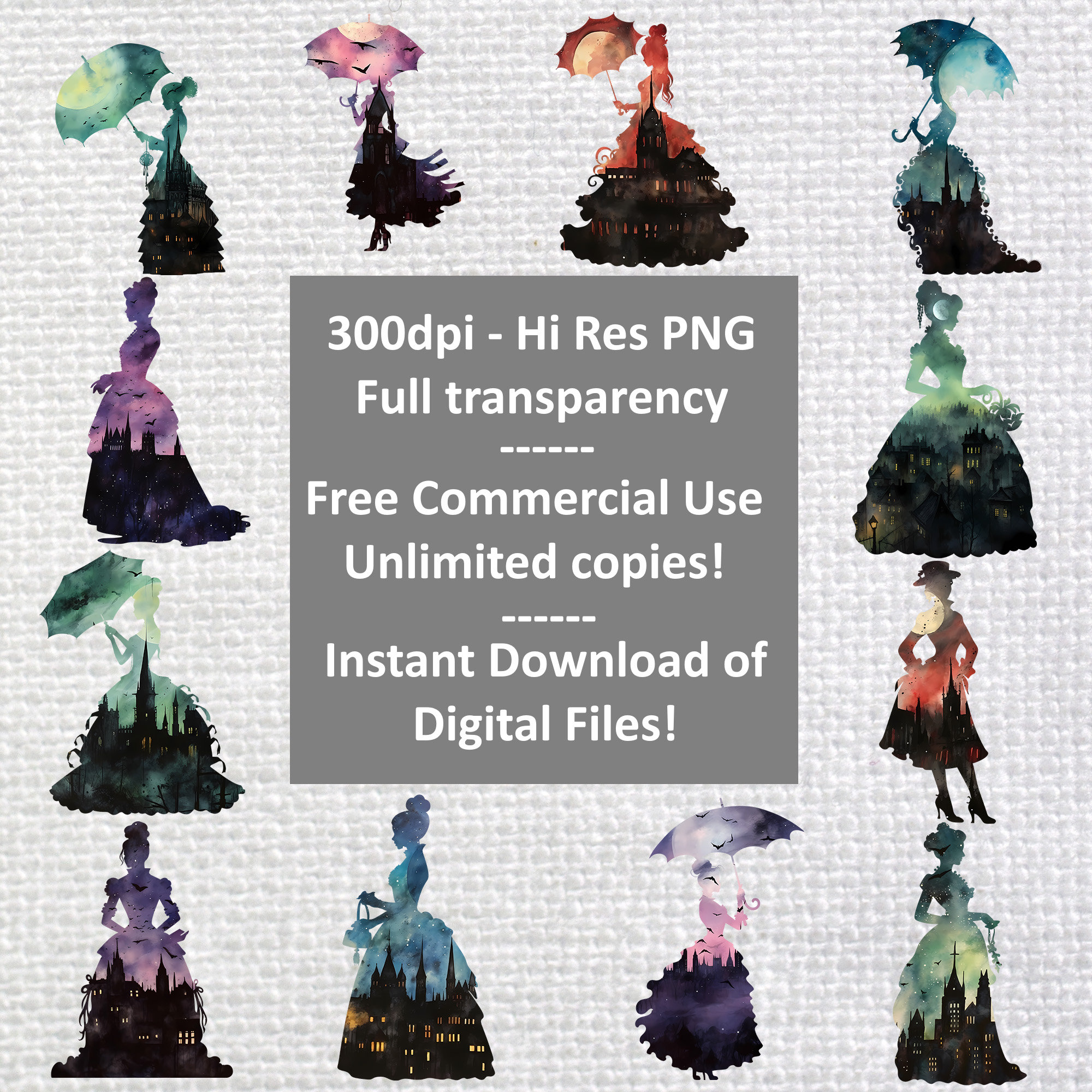 Gothic Silhouette Watercolor Digital Clipart Instant Download Bundle Transparent Background High ...