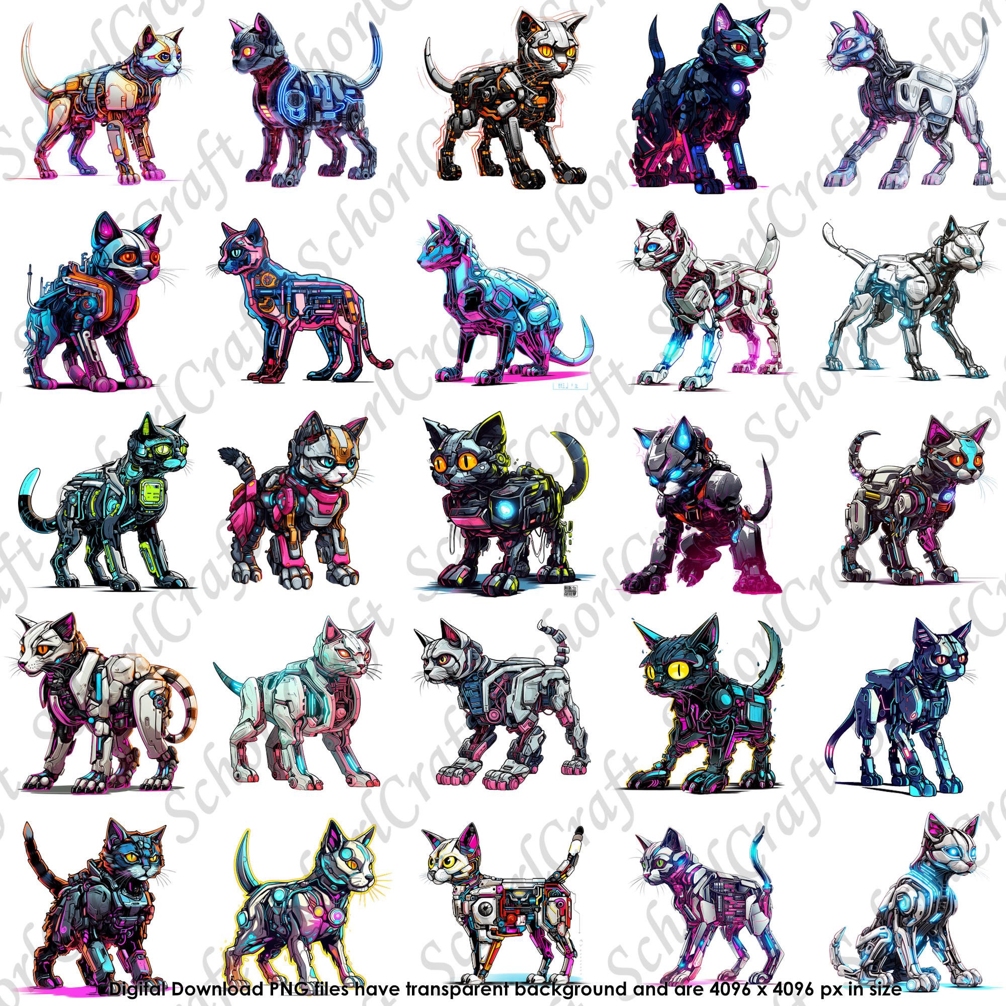 Cyberpunk Robot Cat Watercolor Digital Clipart Instant Download Bundle ...