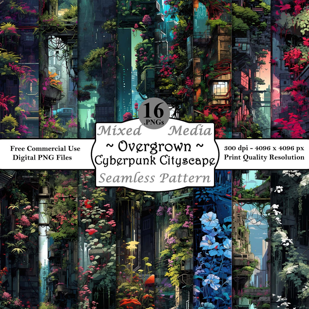Overgrown Cyberpunk Cityscape Nature Seamless Pattern Bundle Digital ...