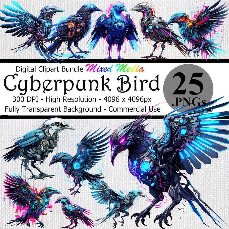 Cyberpunk Bird Digital Clipart Instant Download Bundle Transparent ...
