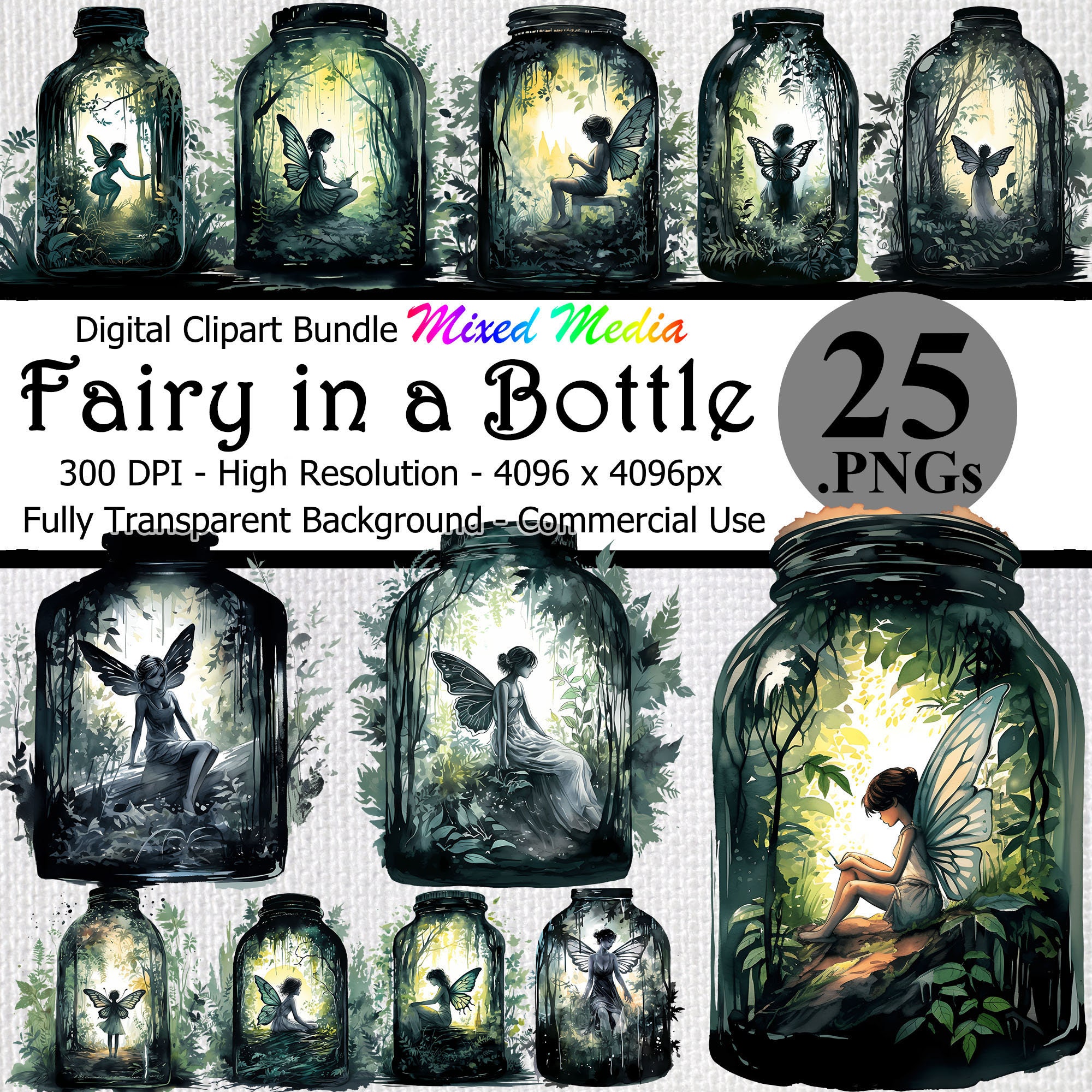 Fairy in a Bottle Watercolor Digital Clipart Instant Download Bundle ...