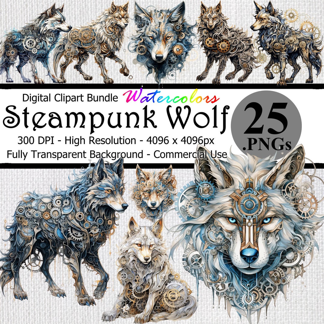 Steampunk Wolf Watercolor Digital Clipart Instant Download Bundle ...