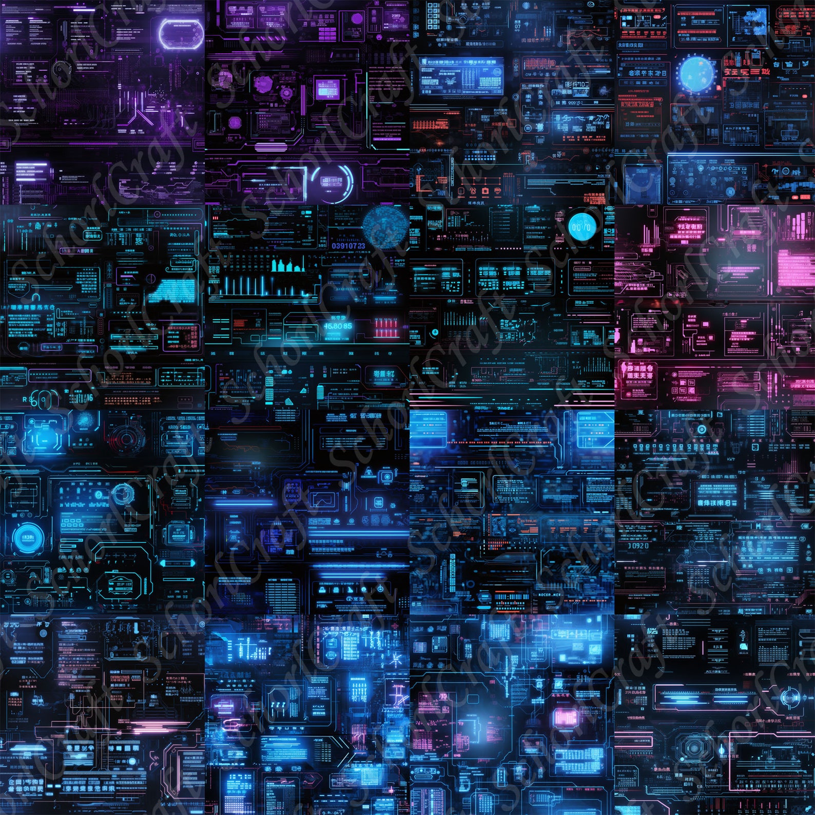 Cyberpunk Interface Panels Seamless Pattern Bundle Digital Papers ...