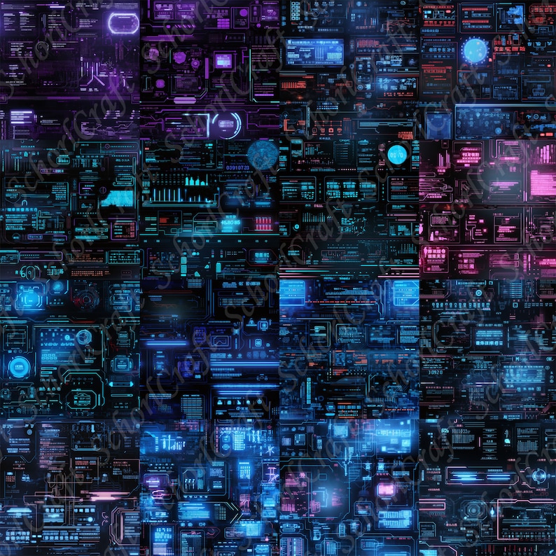 Cyberpunk Interface Panels Seamless Pattern Bundle Digital Papers ...