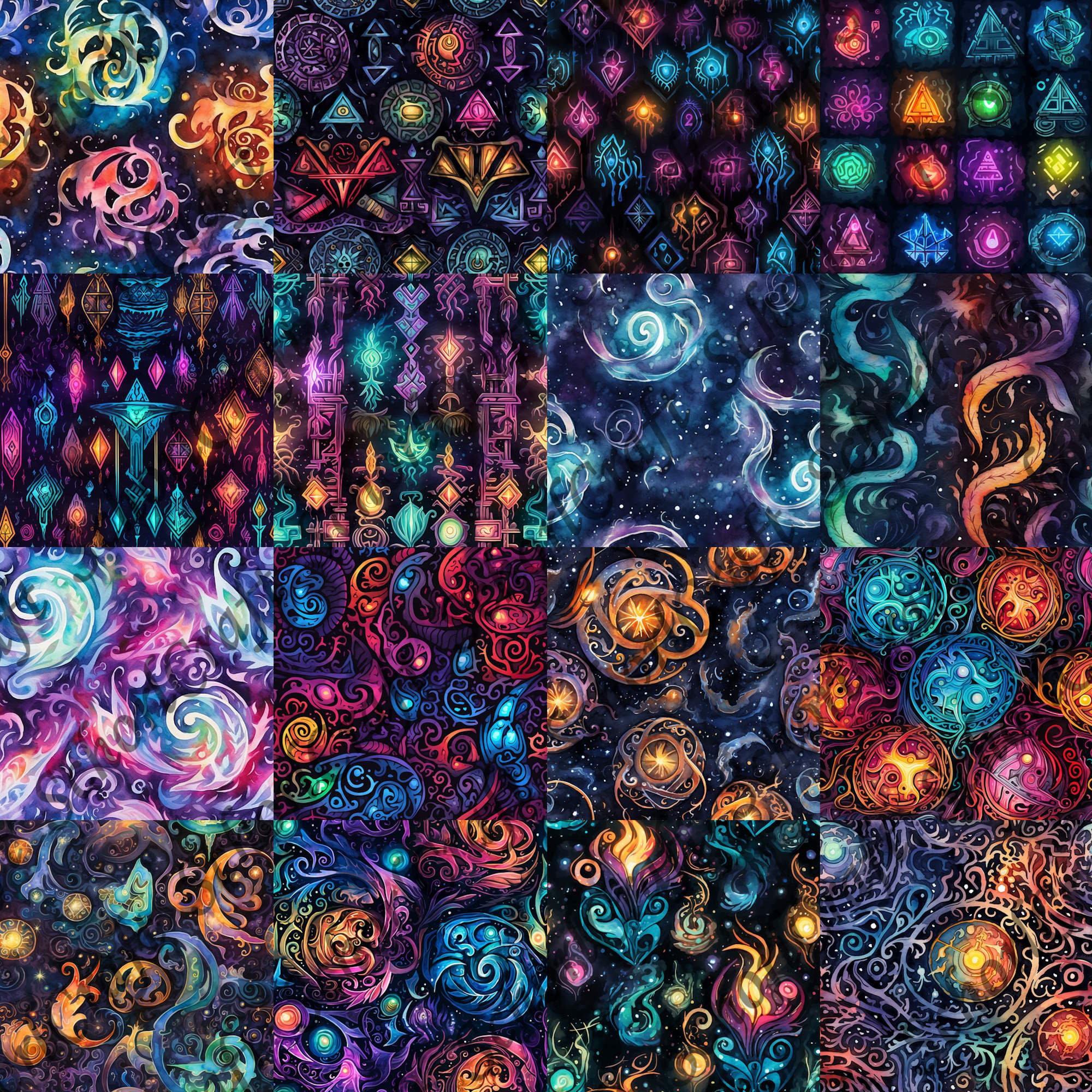 Swirling Magic & Runes Watercolor Seamless Pattern Bundle Digital ...