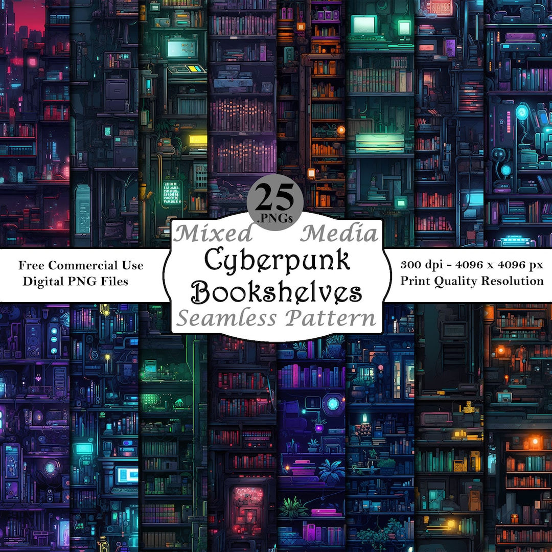 Cyberpunk Bookshelves Seamless Pattern Bundle Digital Papers Printable ...