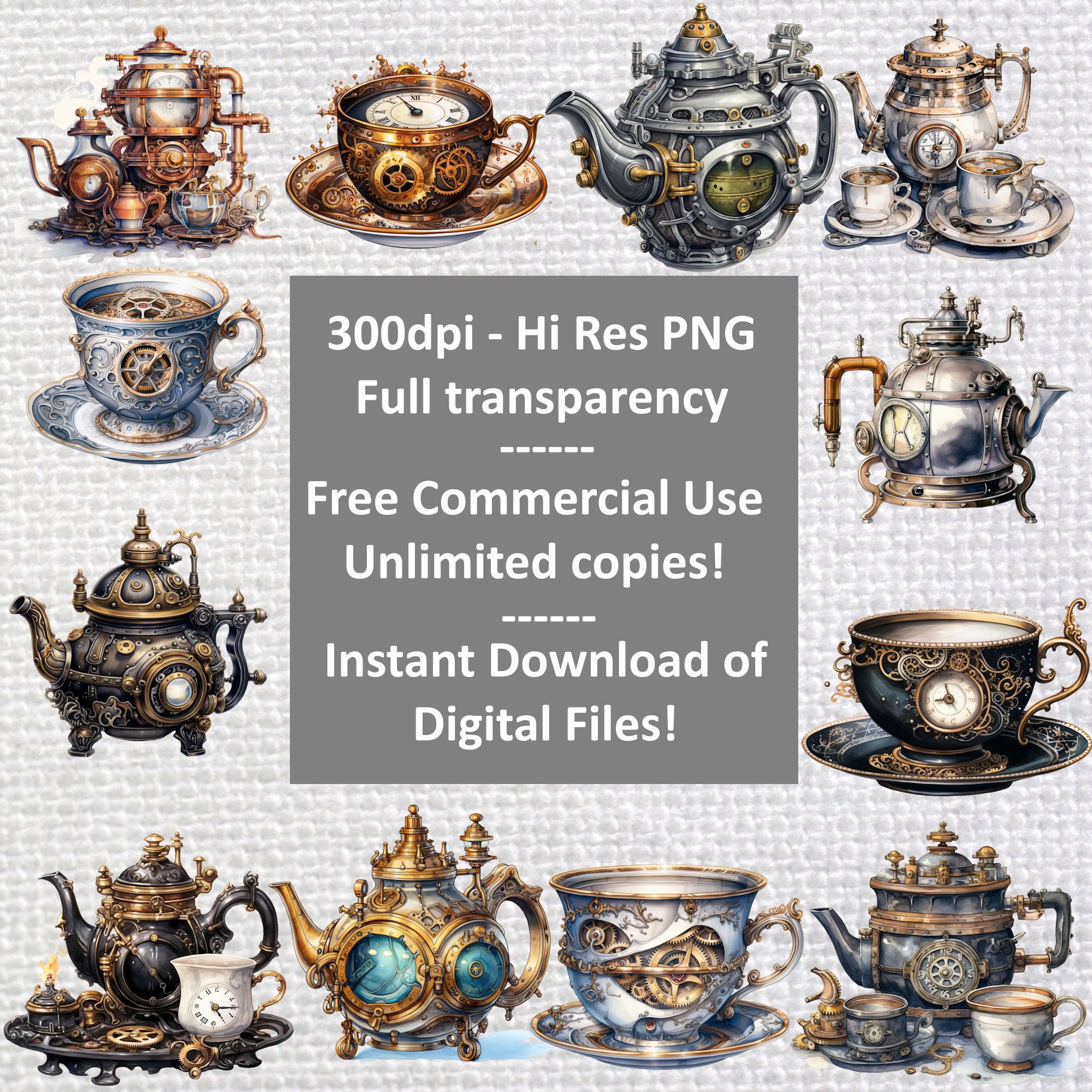 Steampunk Tea Time Watercolor Digital Clipart Downloadable Bundle ...
