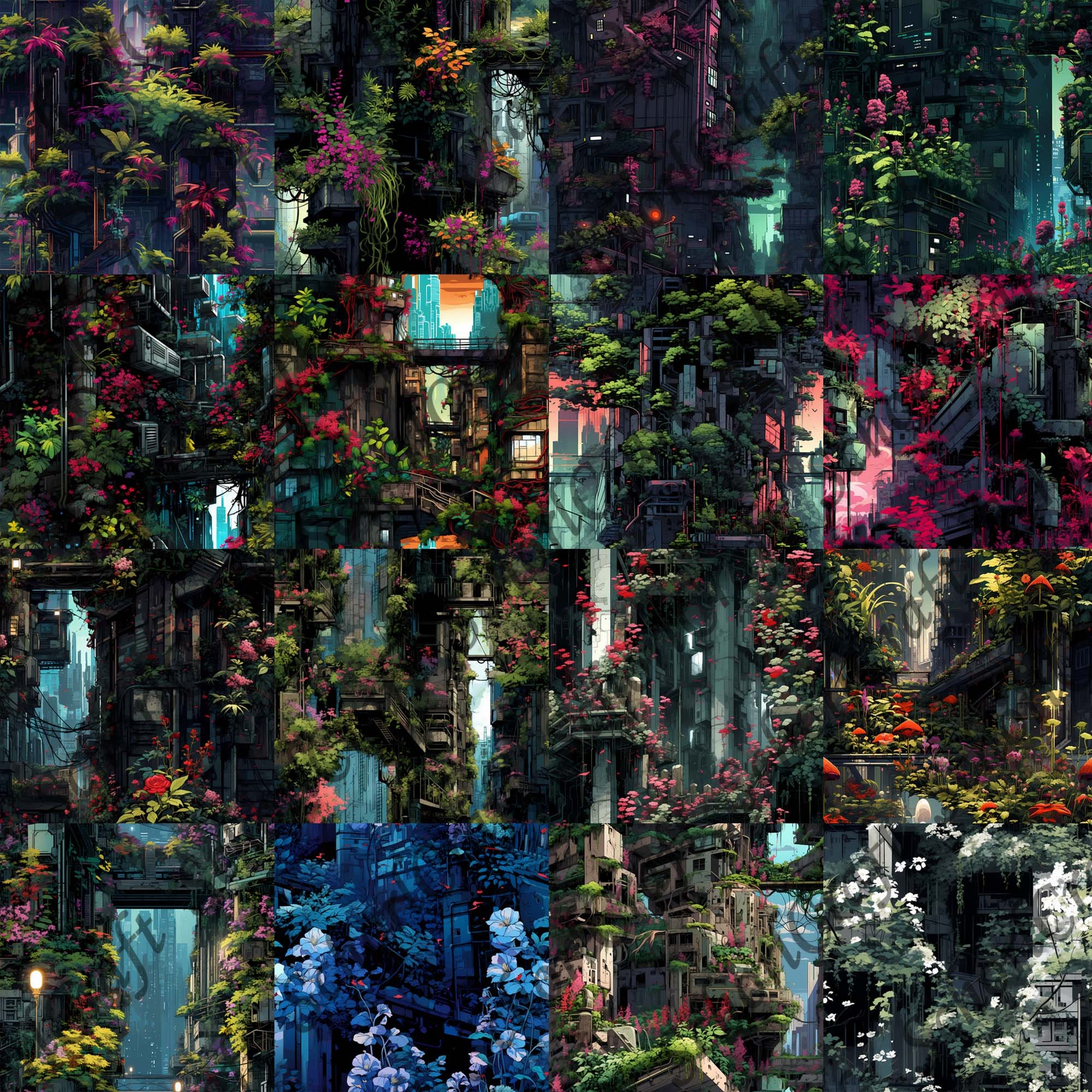 Overgrown Cyberpunk Cityscape Nature Seamless Pattern Bundle Digital ...