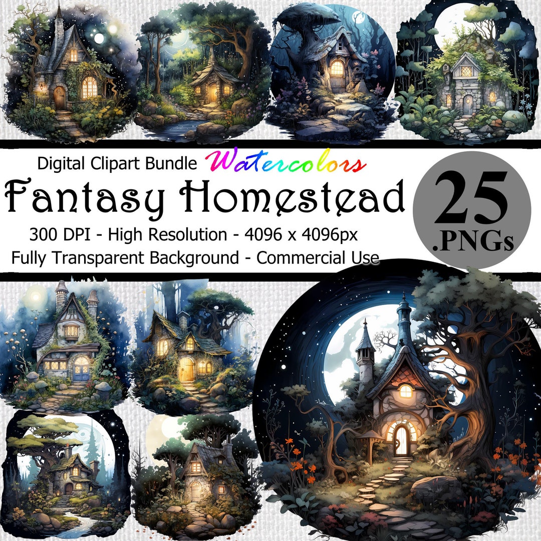 Fantasy Homestead Watercolor Digital Clipart Bundle Transparent ...