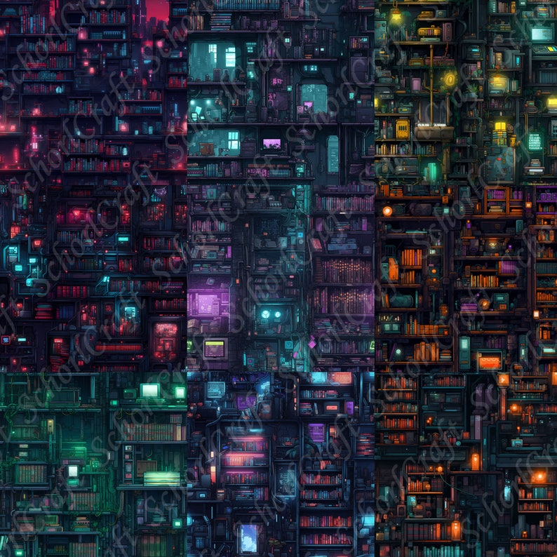 Cyberpunk Bookshelves Seamless Pattern Bundle Digital Papers Printable ...
