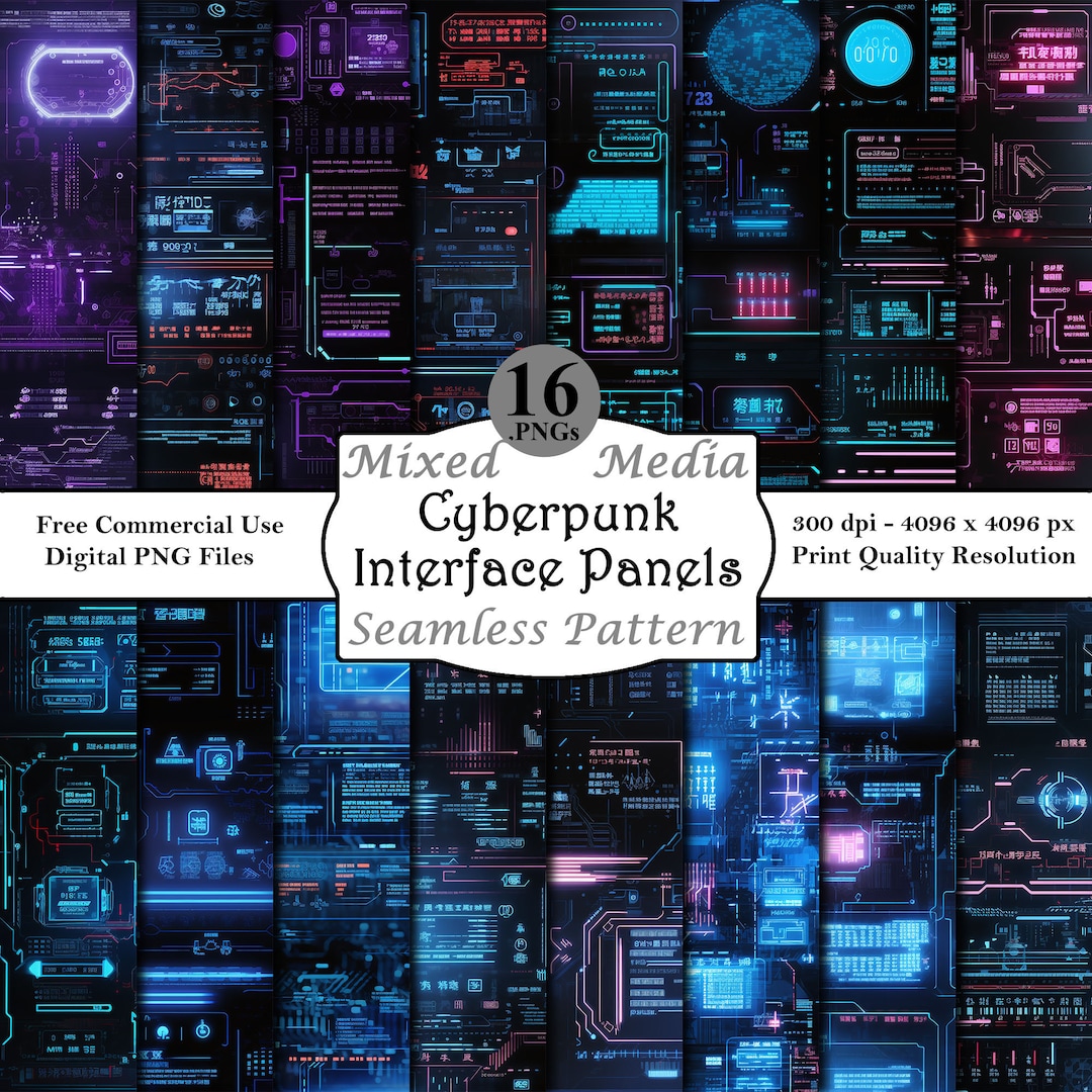 Cyberpunk Interface Panels Seamless Pattern Bundle Digital Papers ...