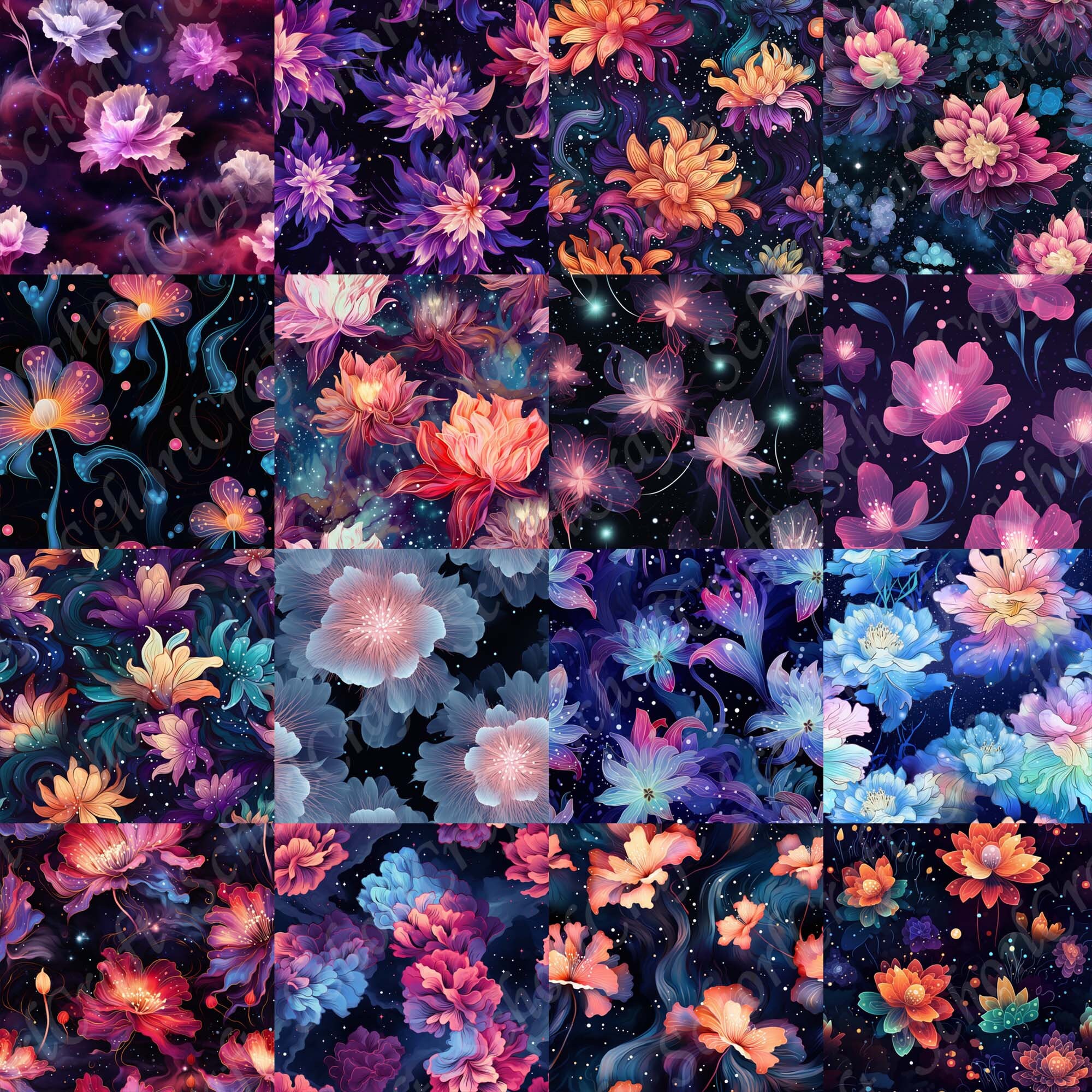 Space Nebula Flowers Seamless Pattern Bundle Digital Papers Printable ...