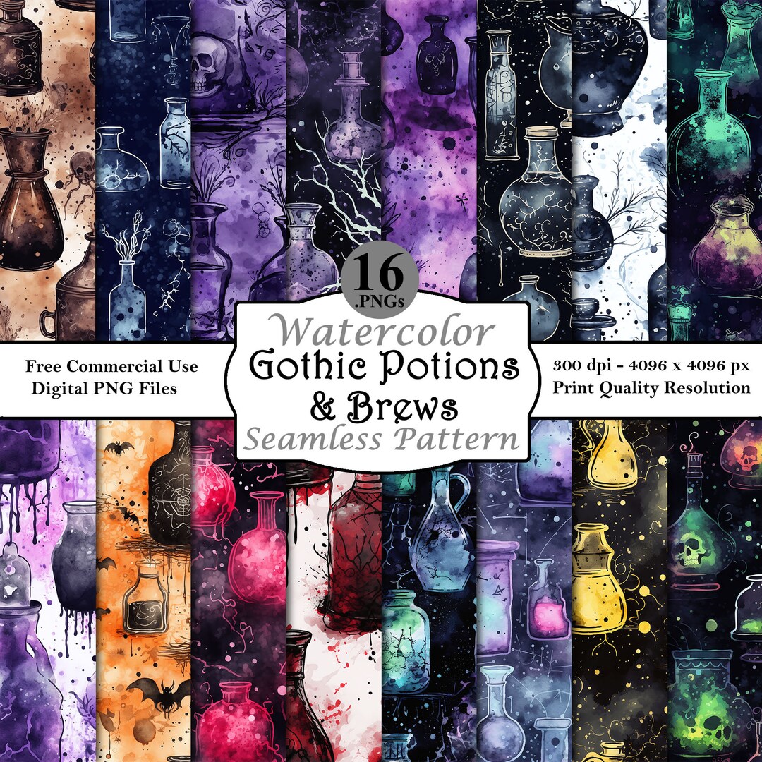 Gothic Potions & Brews Watercolor Seamless Pattern Bundle Digital ...