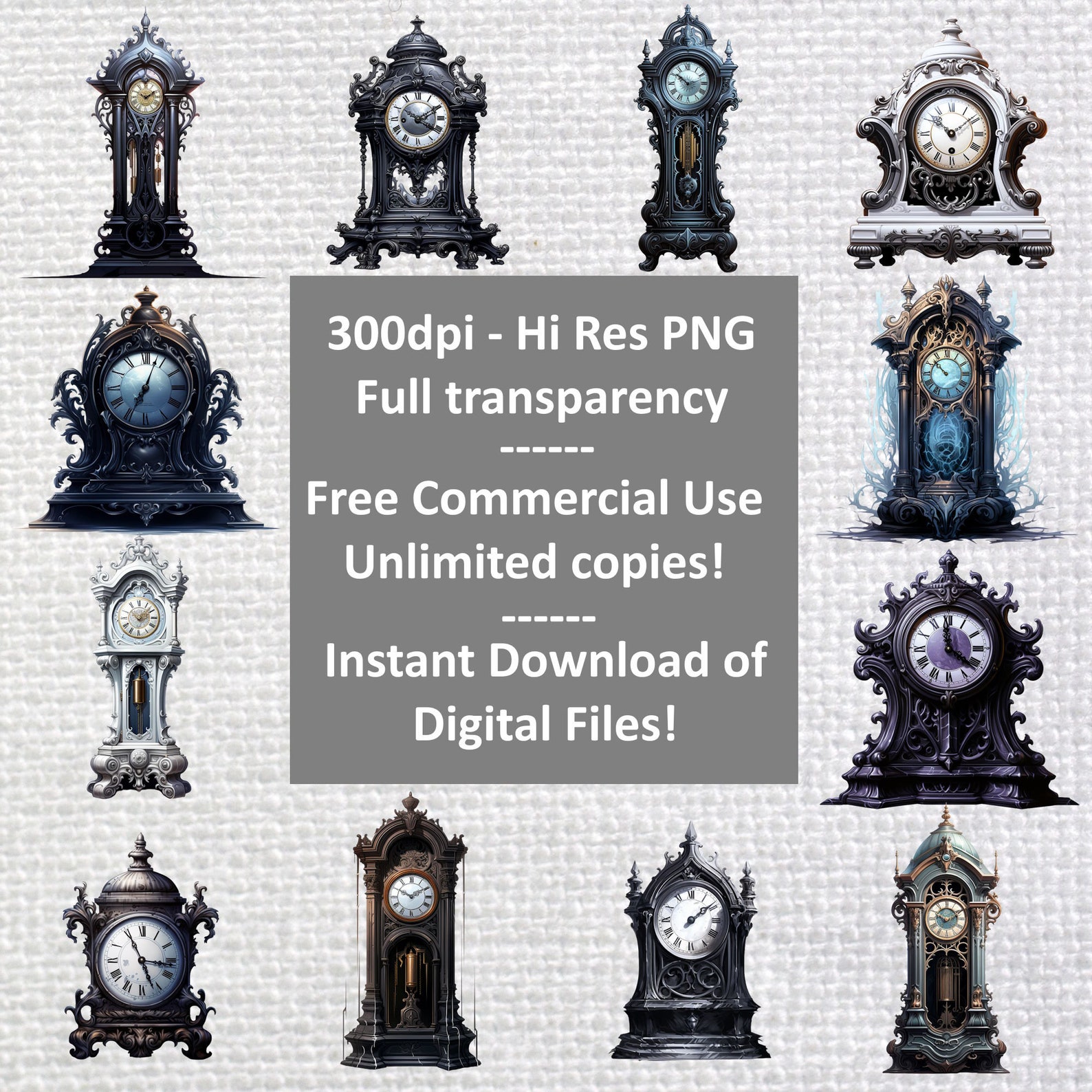 Gothic Clock Mixed Media Digital Clipart Bundle Download Transparent ...