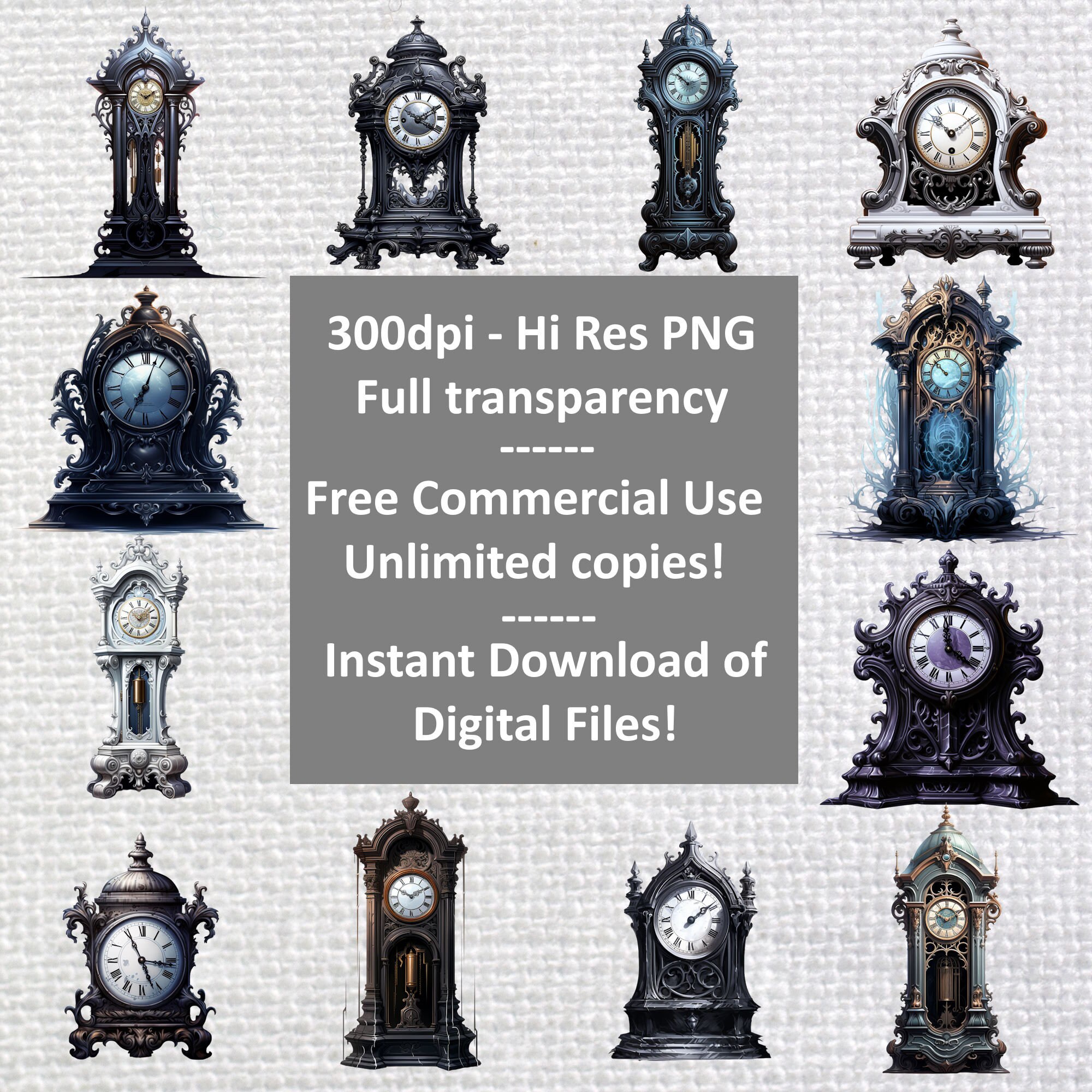 Gothic Clock Mixed Media Digital Clipart Bundle Download Transparent ...