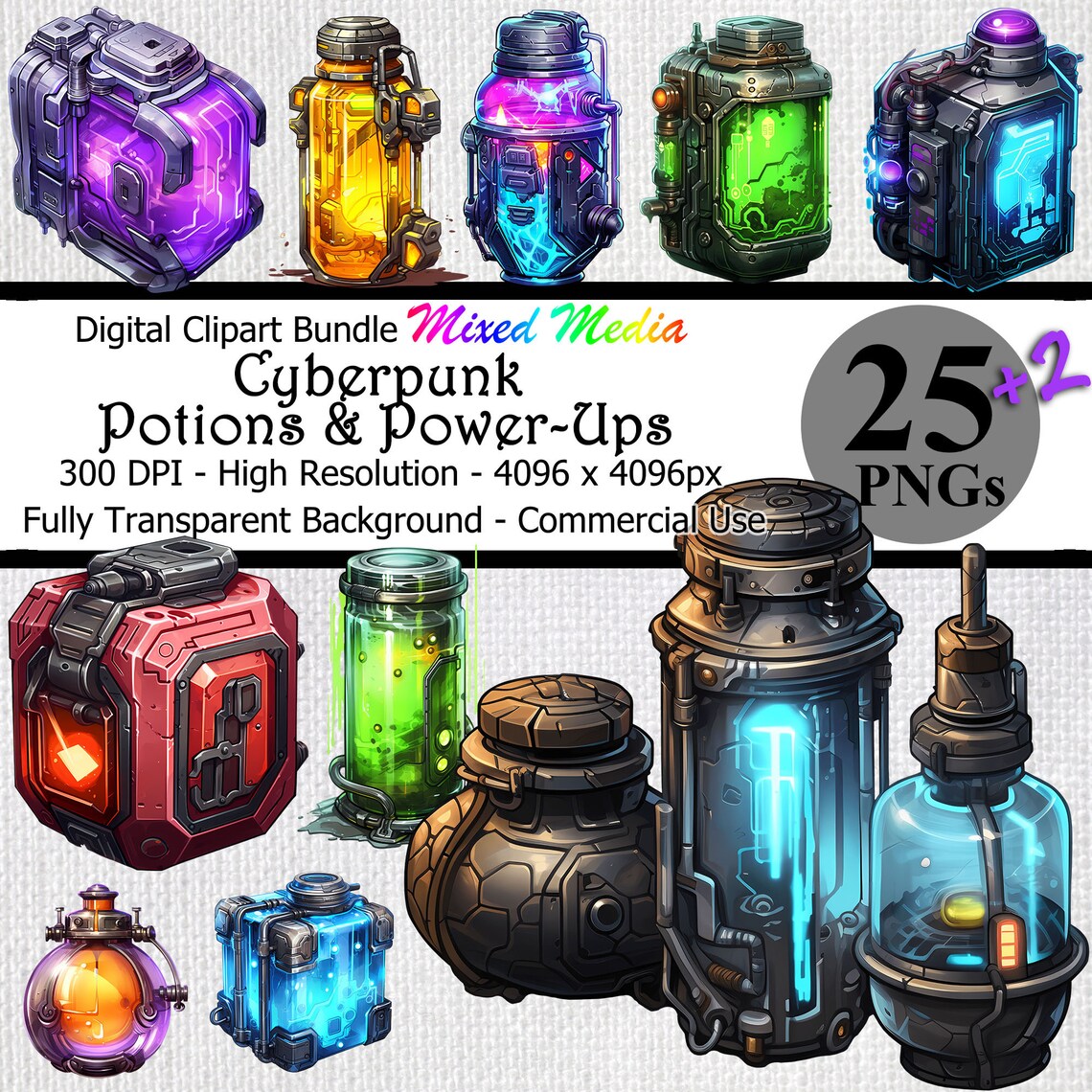 Cyberpunk Potions & Power-ups Digital Clipart Instant Download Bundle ...