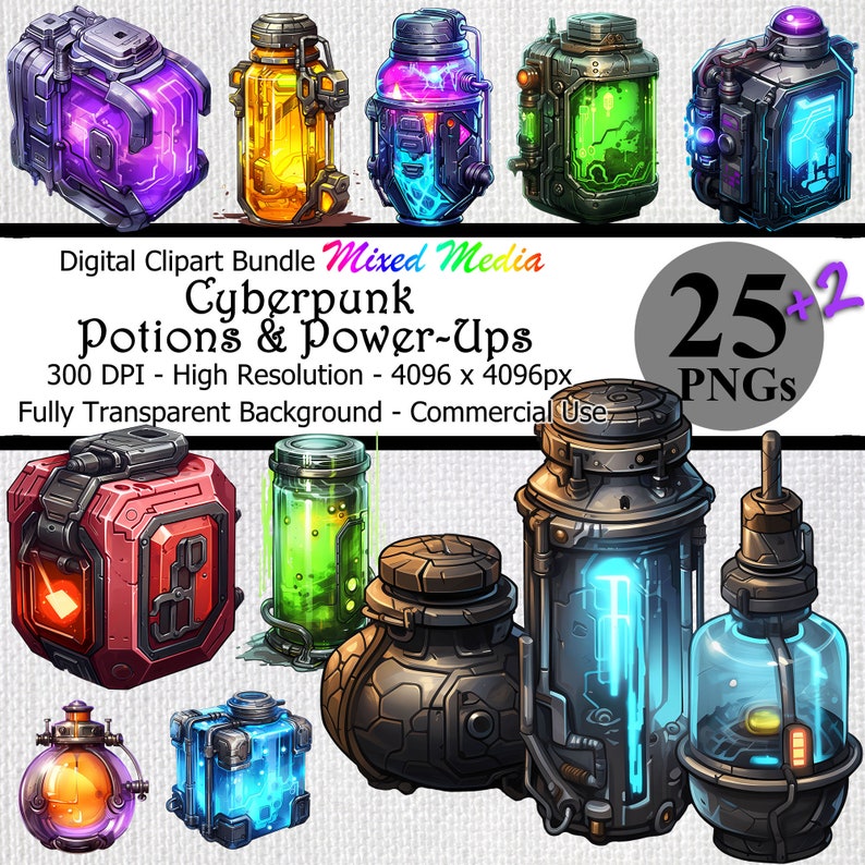 Cyberpunk Potions & Power-ups Digital Clipart Instant Download Bundle ...