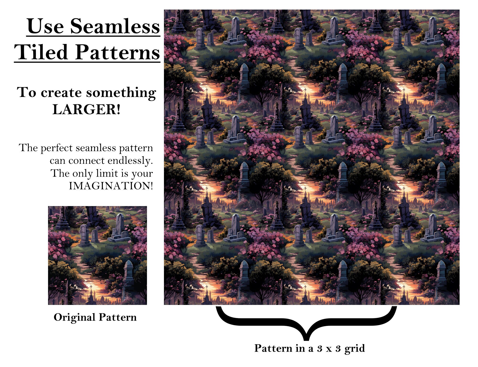 Gothic Headstones & Flowers Seamless Pattern Bundle Digital Papers ...
