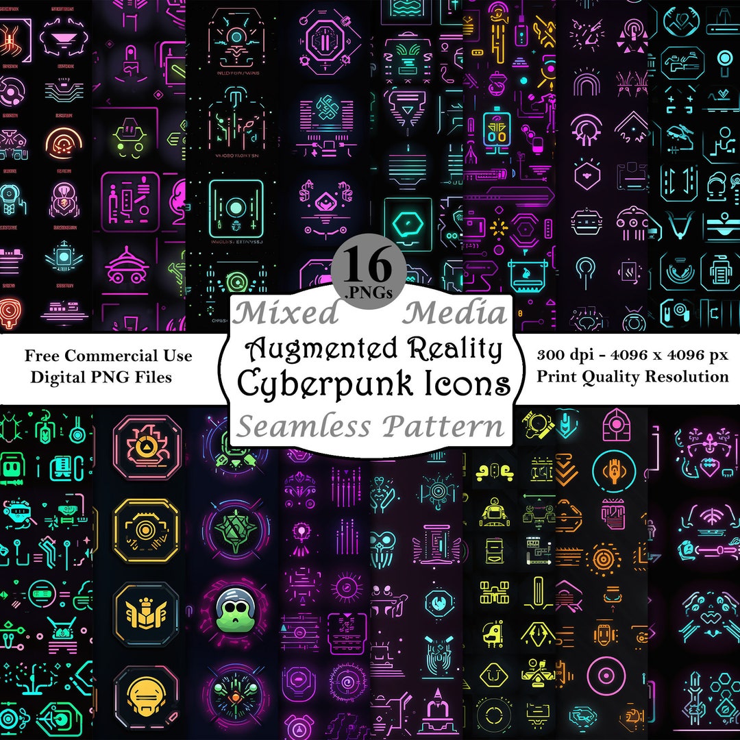 Cyberpunk Augmented Reality Icons Seamless Pattern Bundle Digital
