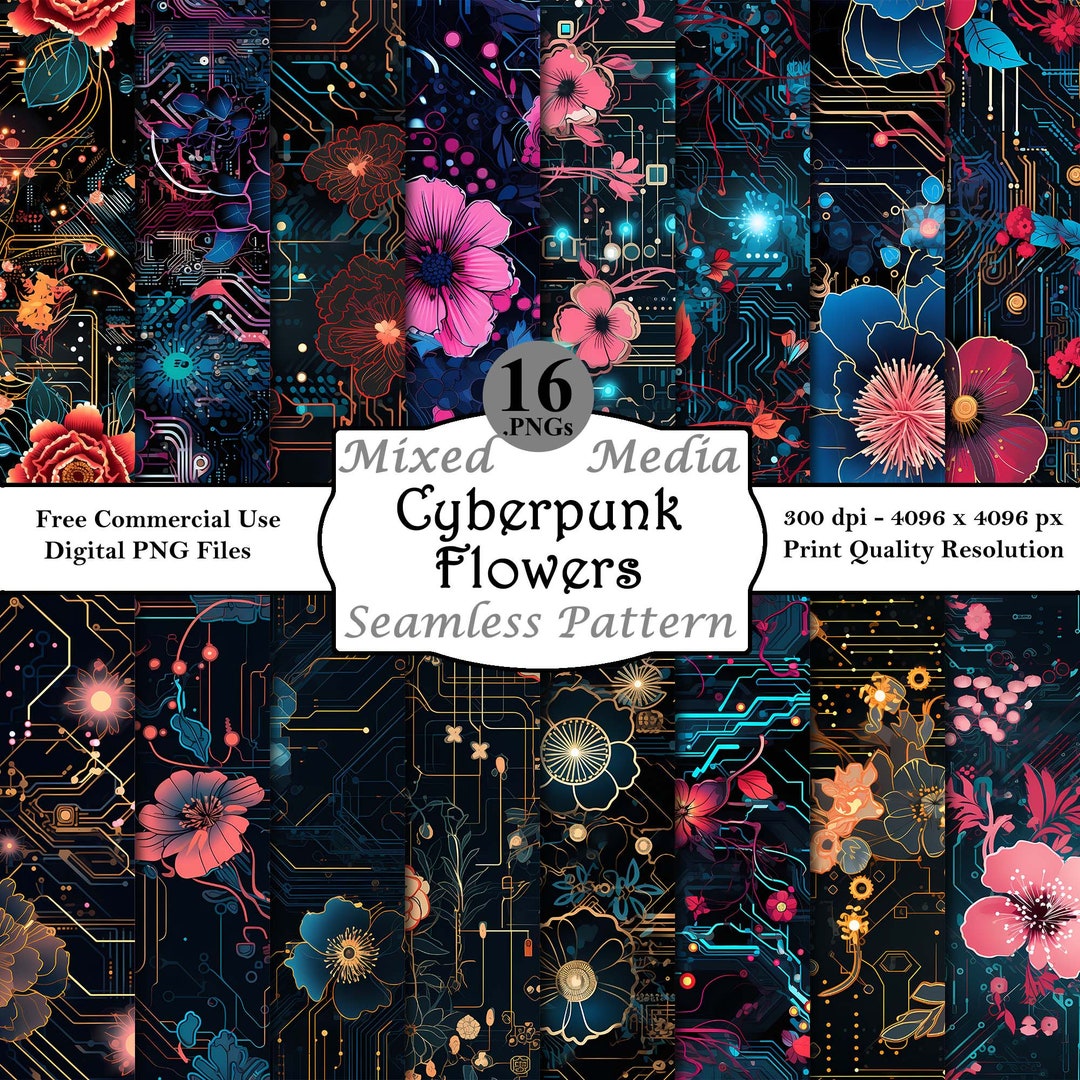 Cyberpunk Flowers and Circuitry Seamless Pattern Bundle Digital Papers ...
