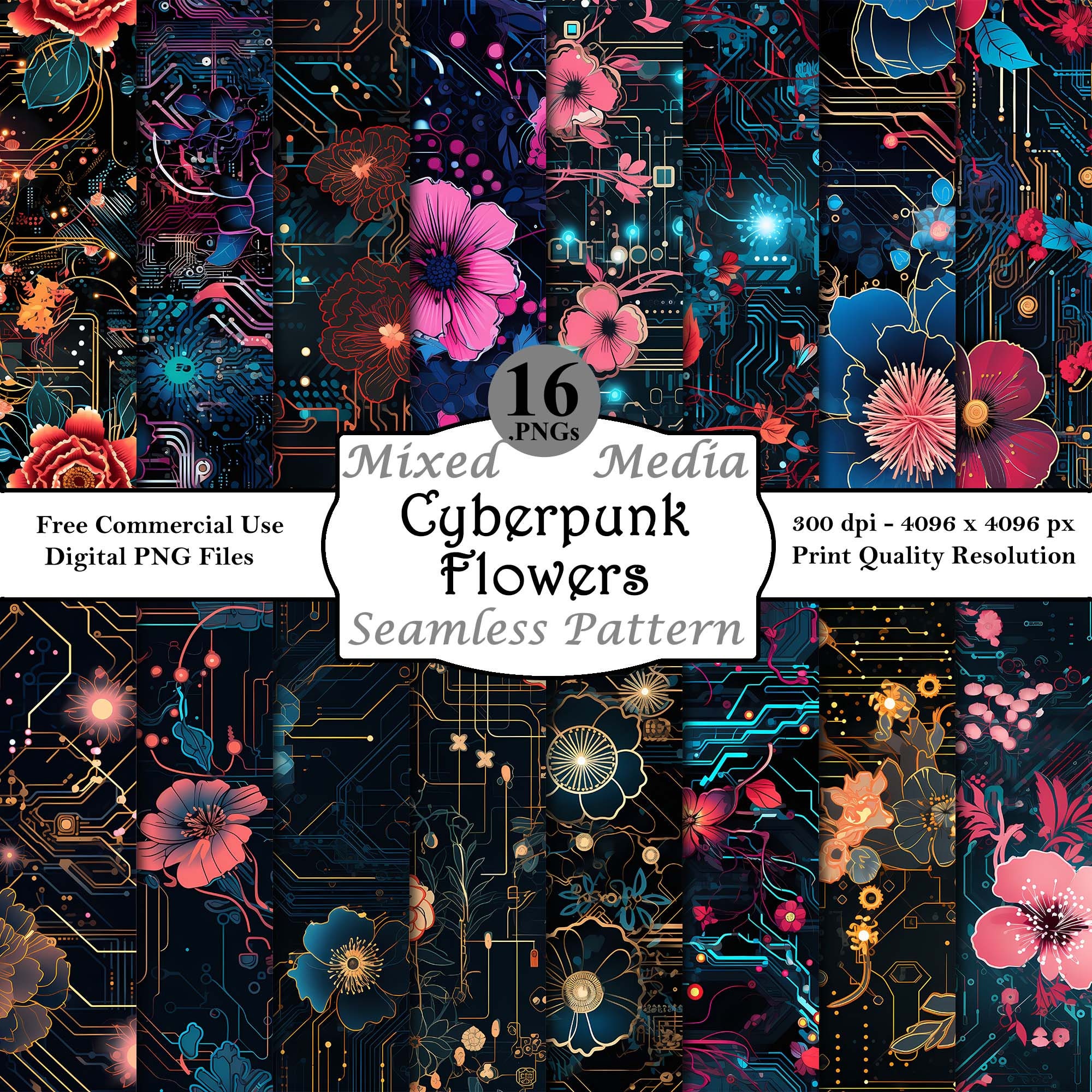 Cyberpunk Flowers and Circuitry Seamless Pattern Bundle Digital Papers ...