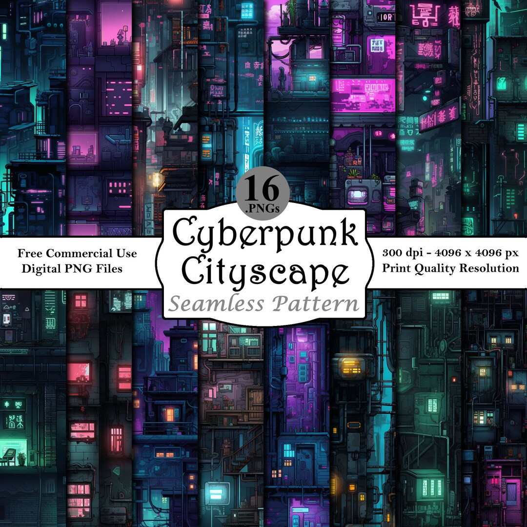 Cyberpunk Cityscape Seamless Pattern Bundle Digital Papers Printable ...