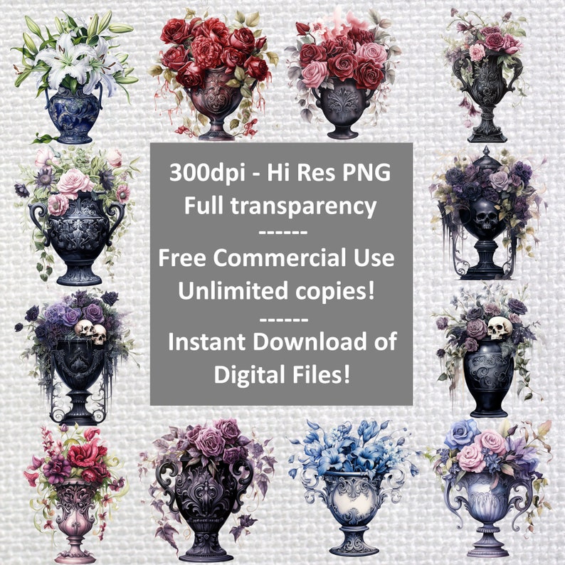Gothic Flower Vase Watercolor Digital Clipart Bundle Transparent ...