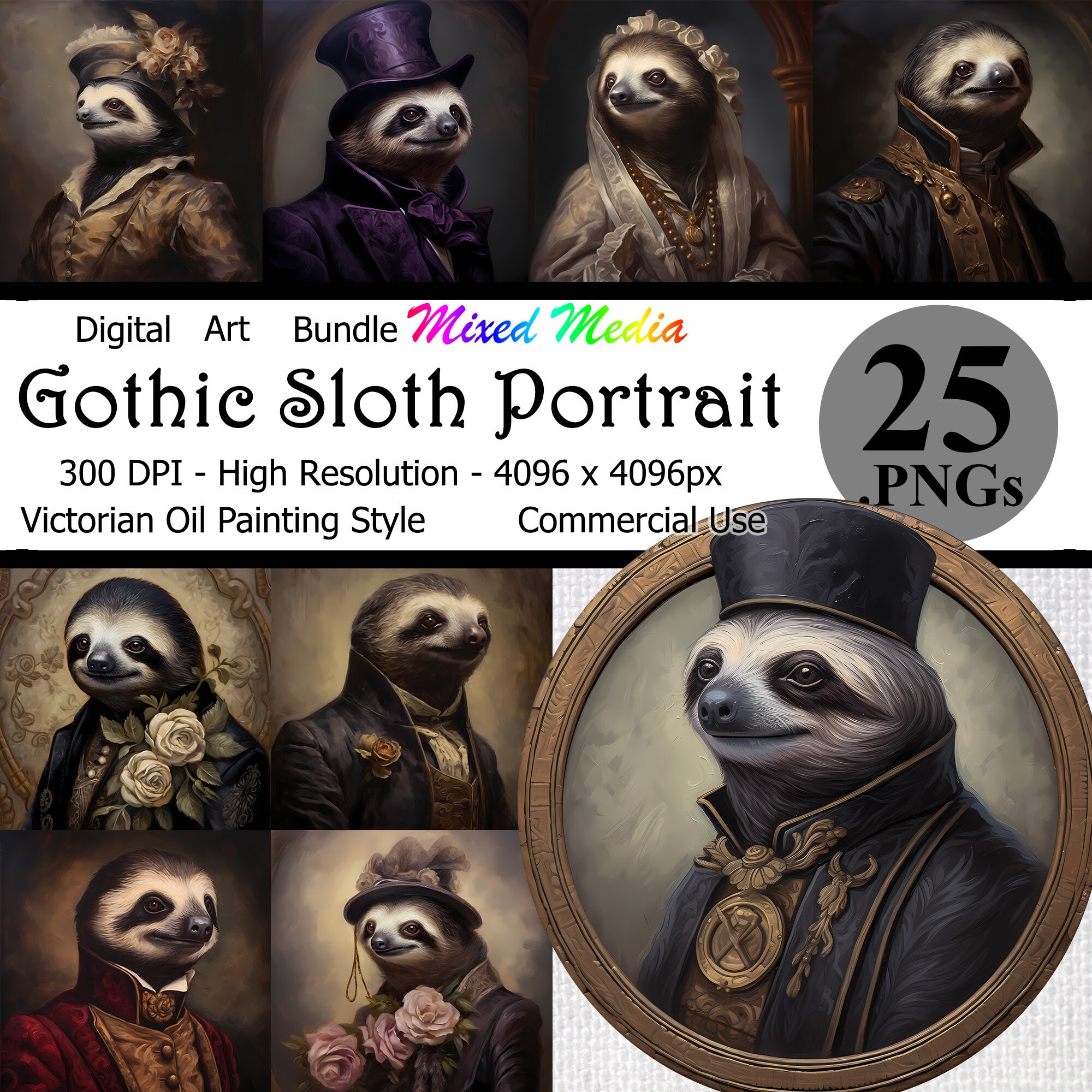 Gothic Victorian Sloth Portrait Digital Art Instant Download Bundle High Resolution Vintage Oil ...