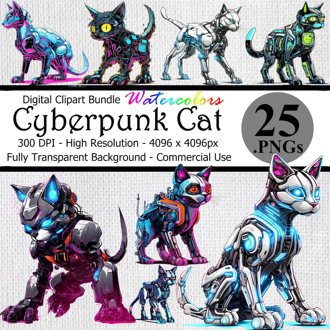 Cyberpunk Robot Cat Watercolor Digital Clipart Instant Download Bundle ...