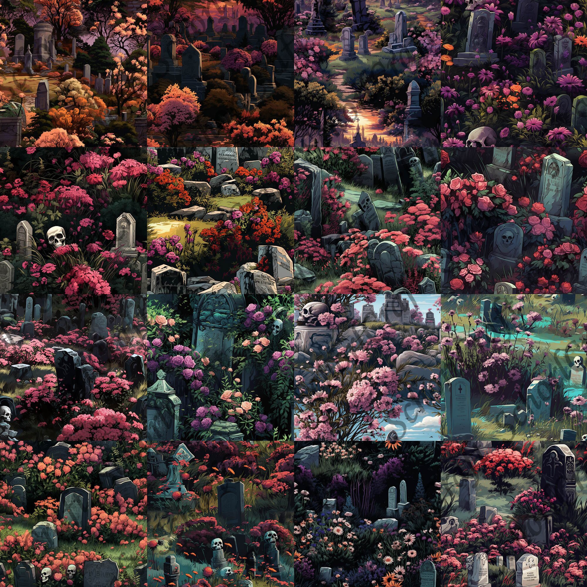Gothic Headstones & Flowers Seamless Pattern Bundle Digital Papers ...