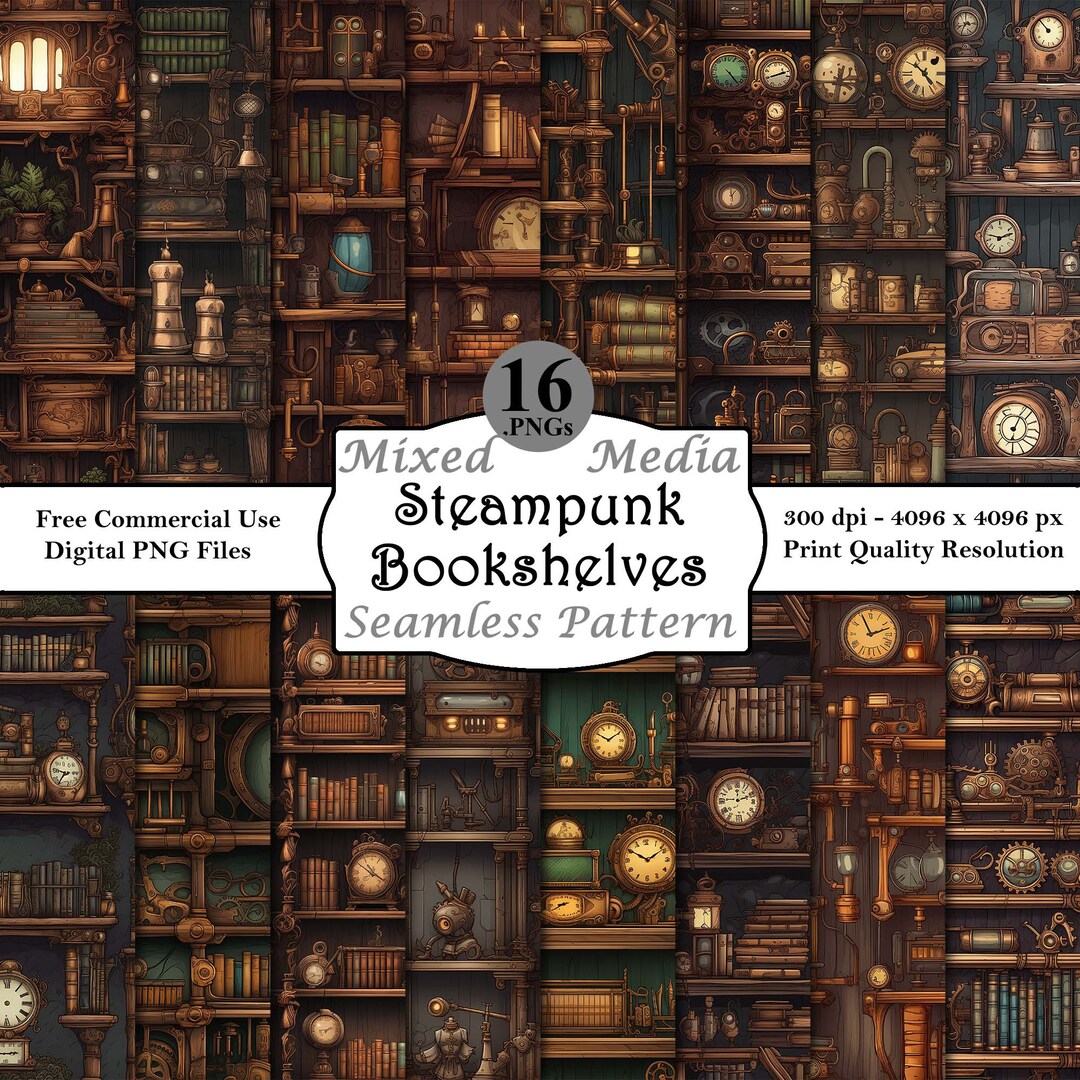 Steampunk Bookshelves Seamless Pattern Bundle Digital Papers Printable ...