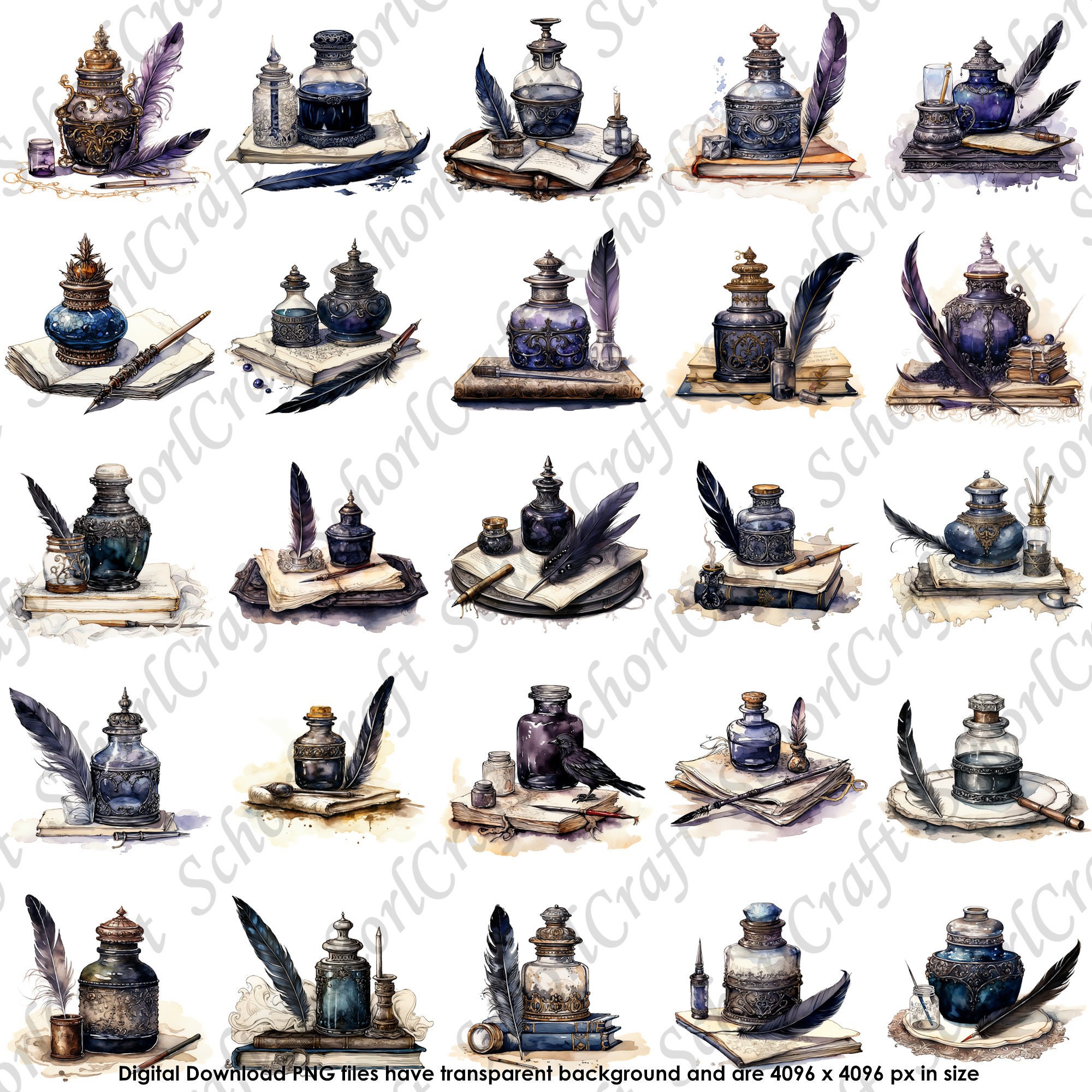 Gothic Ink Pot and Quill Watercolor Digital Clipart Bundle Transparent ...