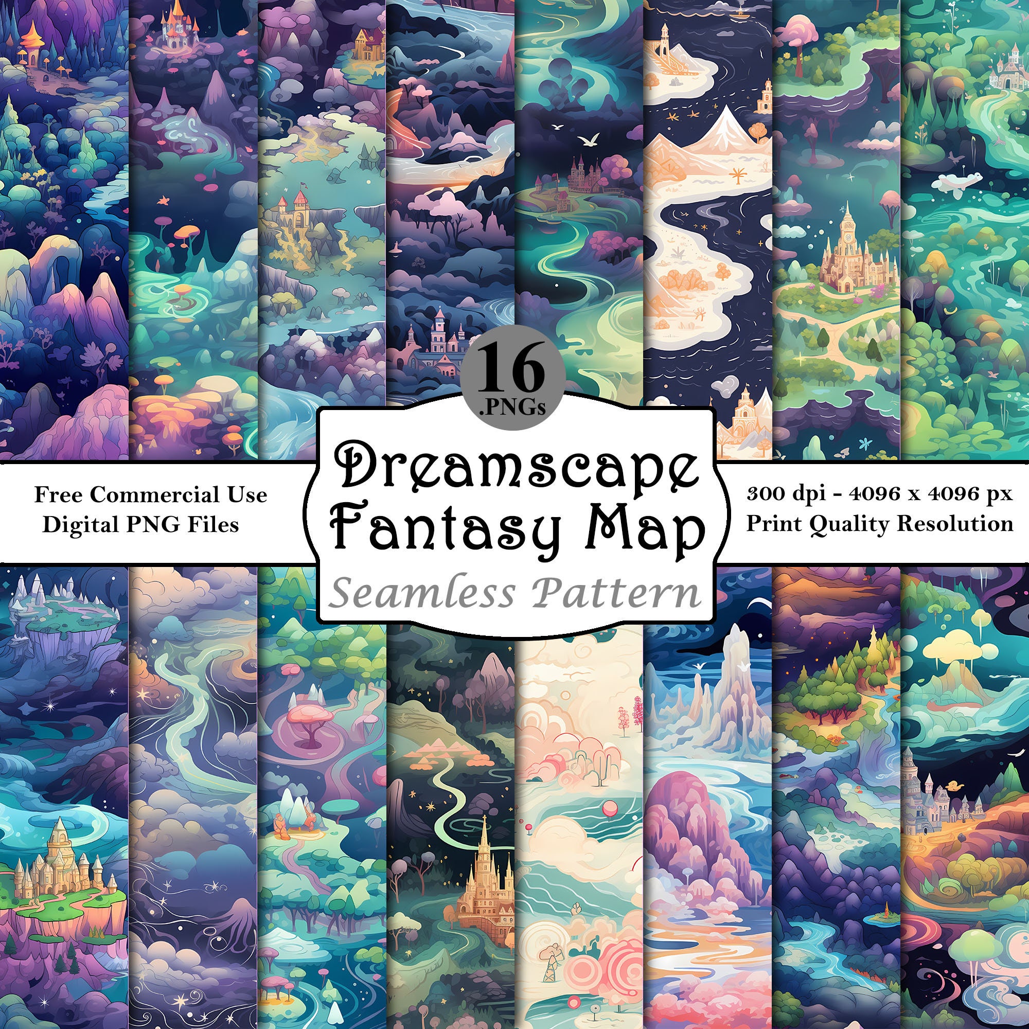 Dreamscape Fantasy Map Seamless Pattern Bundle Digital Papers Printable ...