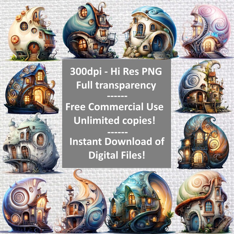 Whimsical Shell House Watercolor Digital Clipart Bundle Transparent ...