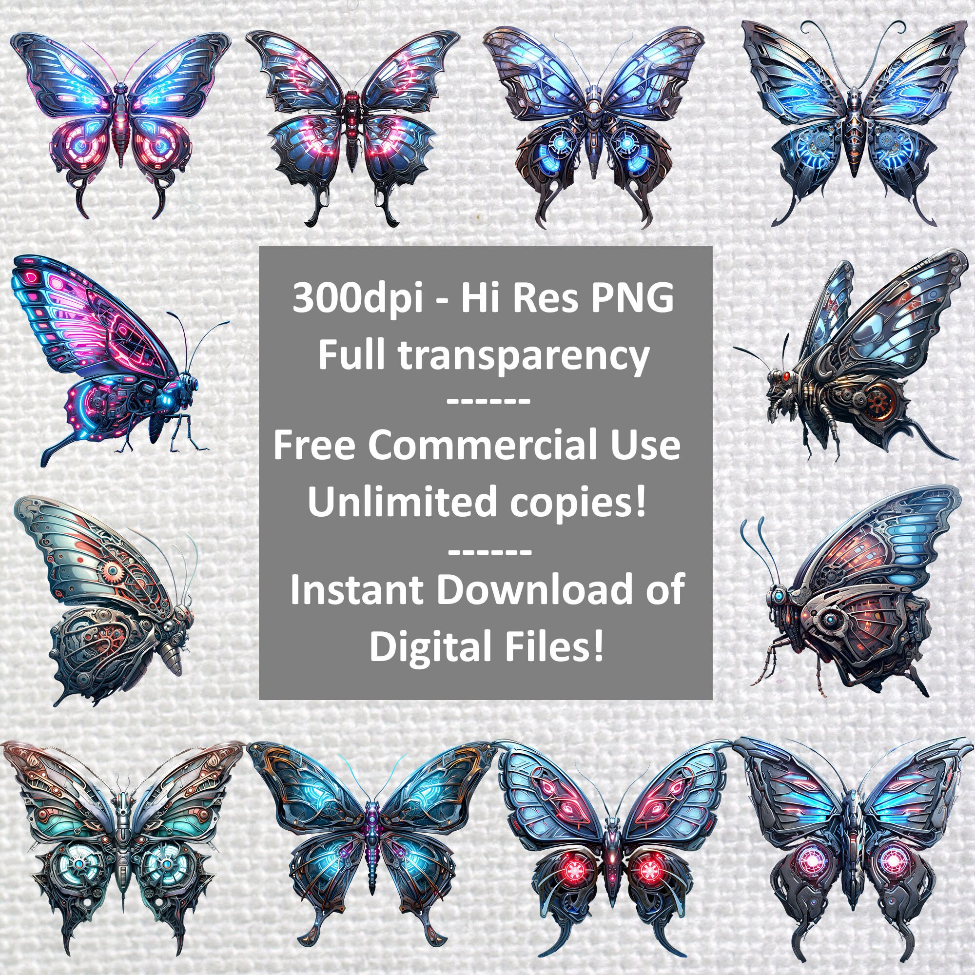 Cyberpunk Butterfly Digital Clipart Instant Download Bundle Transparent ...