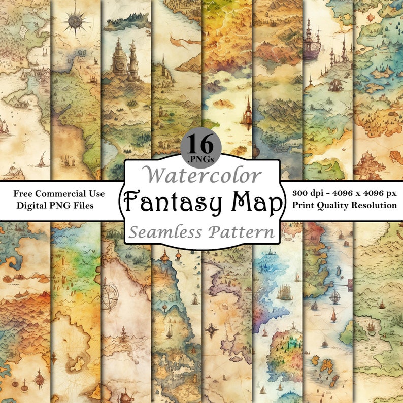 Fantasy Map Watercolor Seamless Pattern Bundle Digital Papers - Etsy