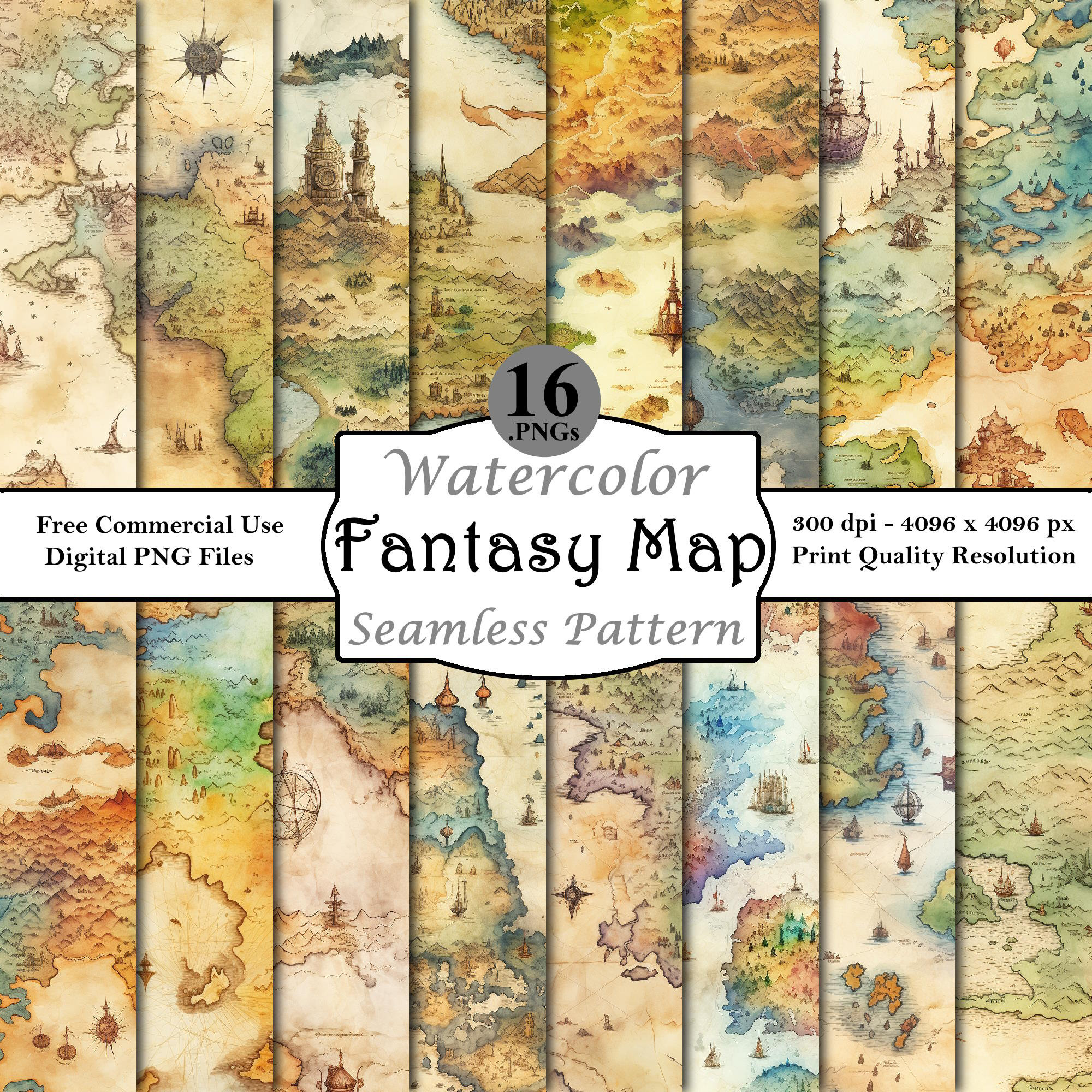 Fantasy Map Watercolor Seamless Pattern Bundle Digital Papers Printable ...