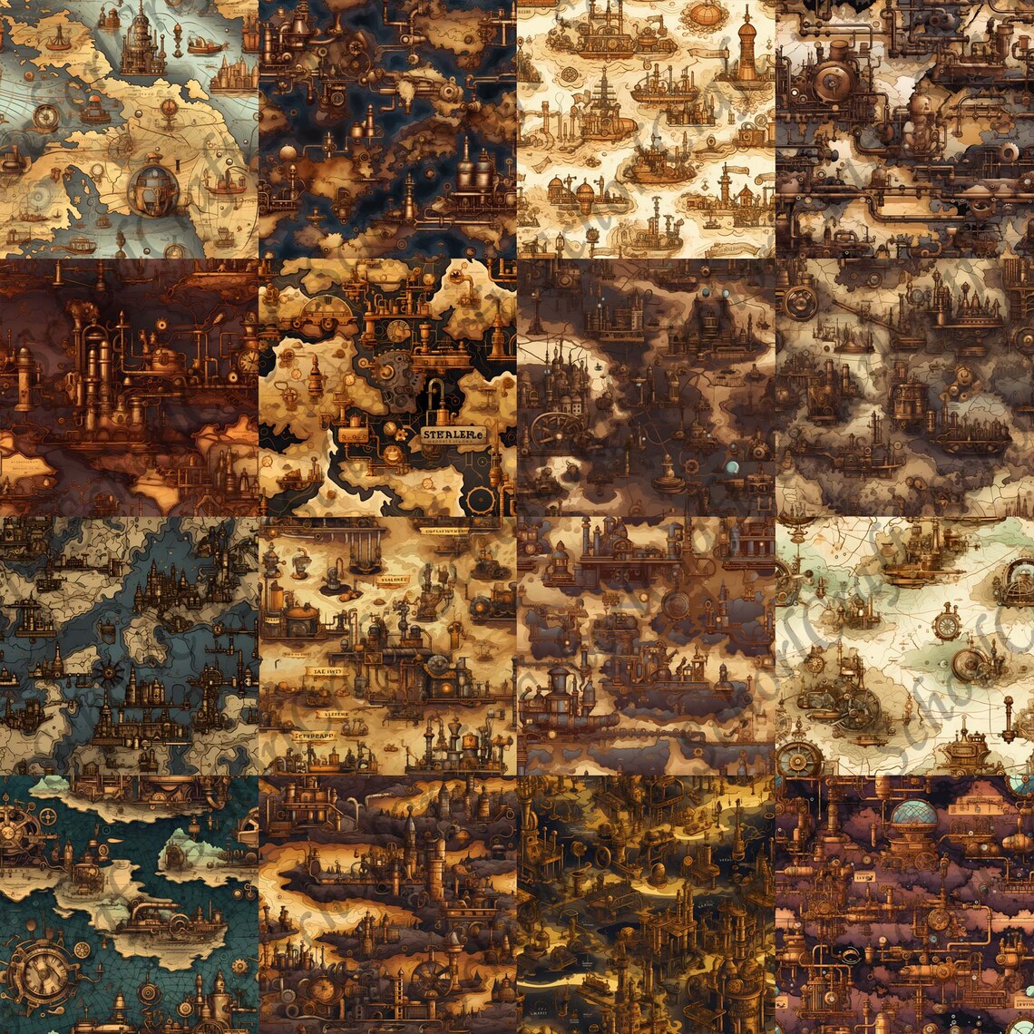 Steampunk Map Seamless Pattern Bundle Digital Papers Printable Instant ...