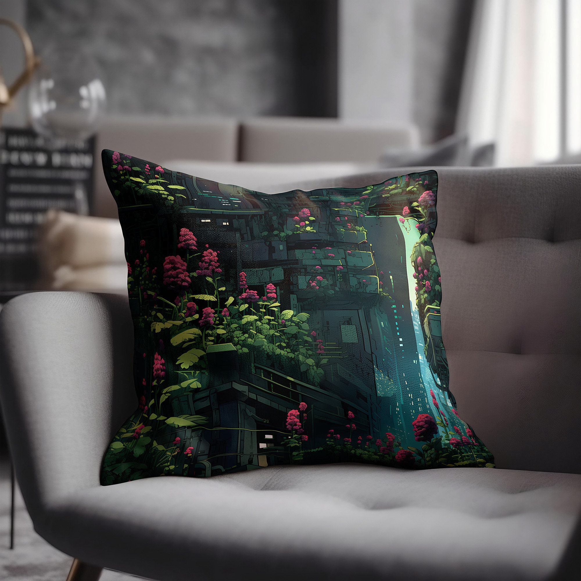 Overgrown Cyberpunk Cityscape Nature Seamless Pattern Bundle Digital ...