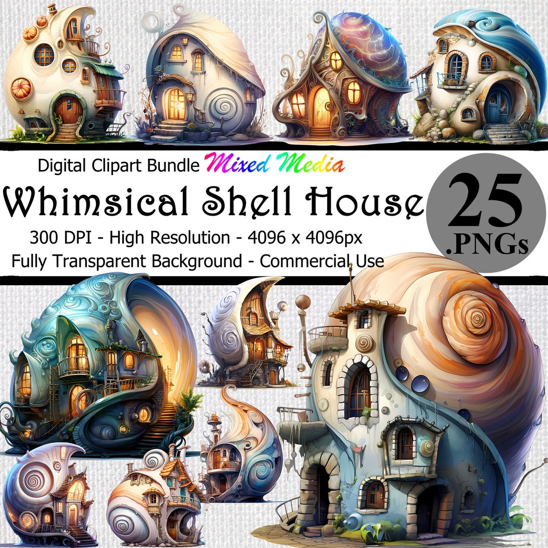 Whimsical Shell House Watercolor Digital Clipart Bundle Transparent ...