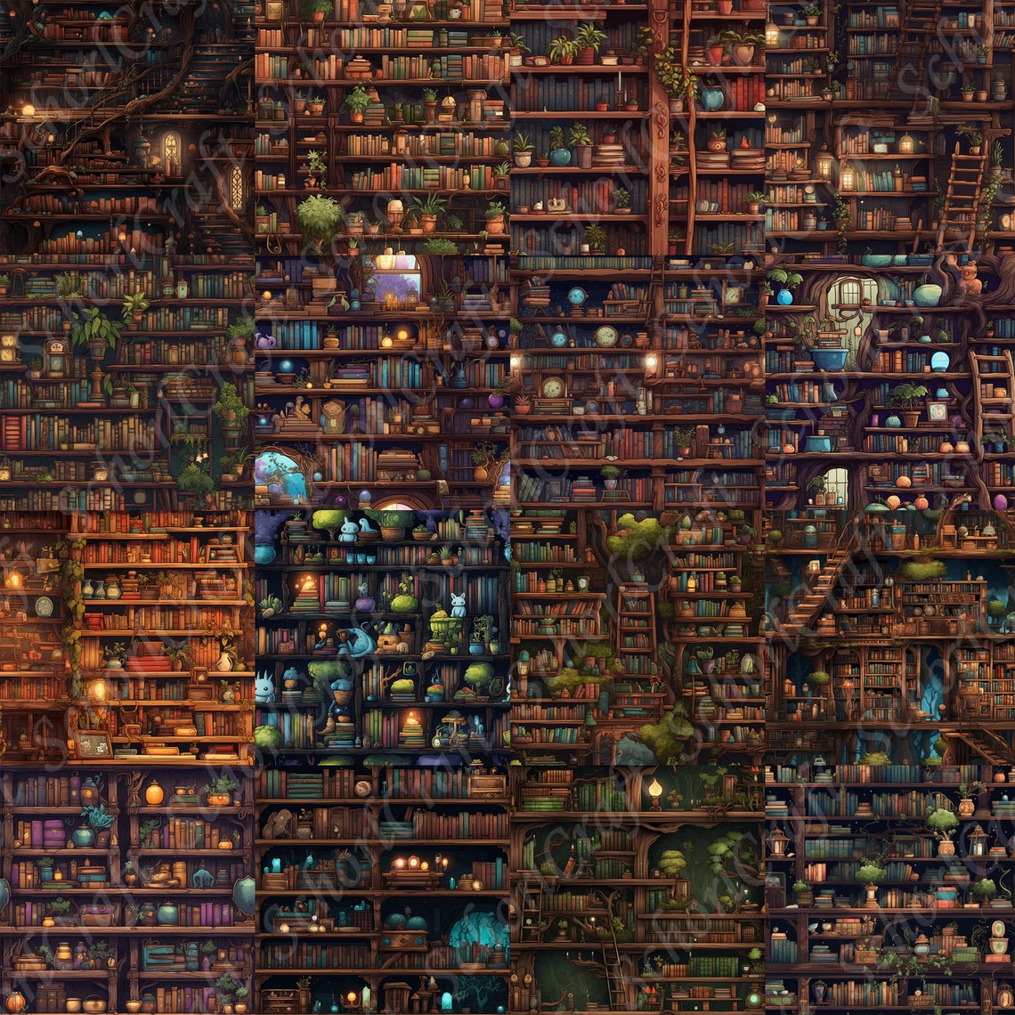 Fantasy Bookshelves Seamless Pattern Bundle Digital Papers Printable ...