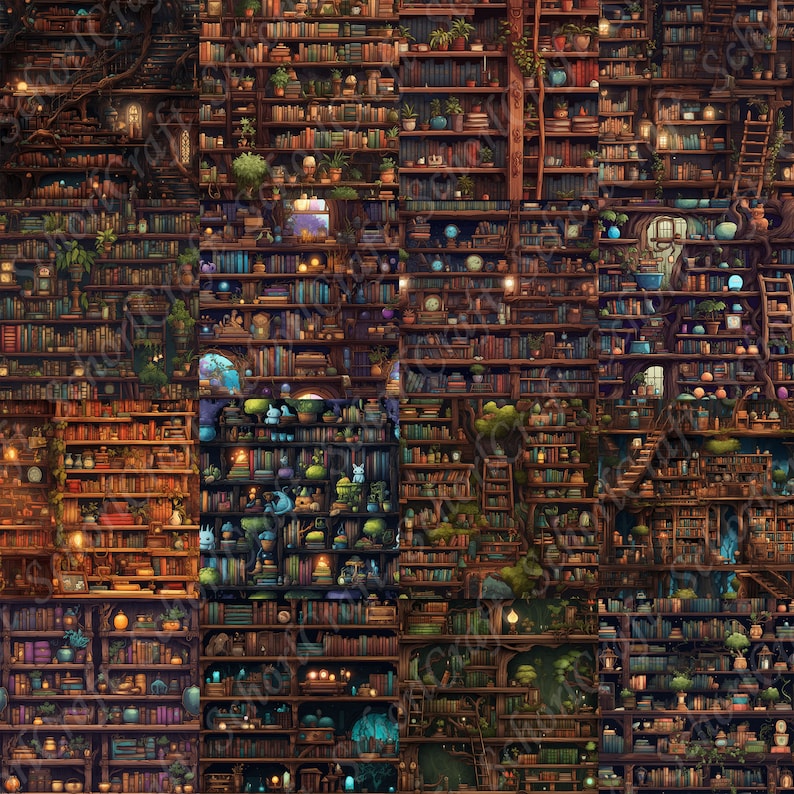 Fantasy Bookshelves Seamless Pattern Bundle Digital Papers Printable ...
