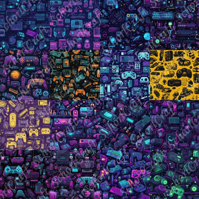 Cyberpunk Gaming Hardware Seamless Pattern Bundle Digital Papers ...