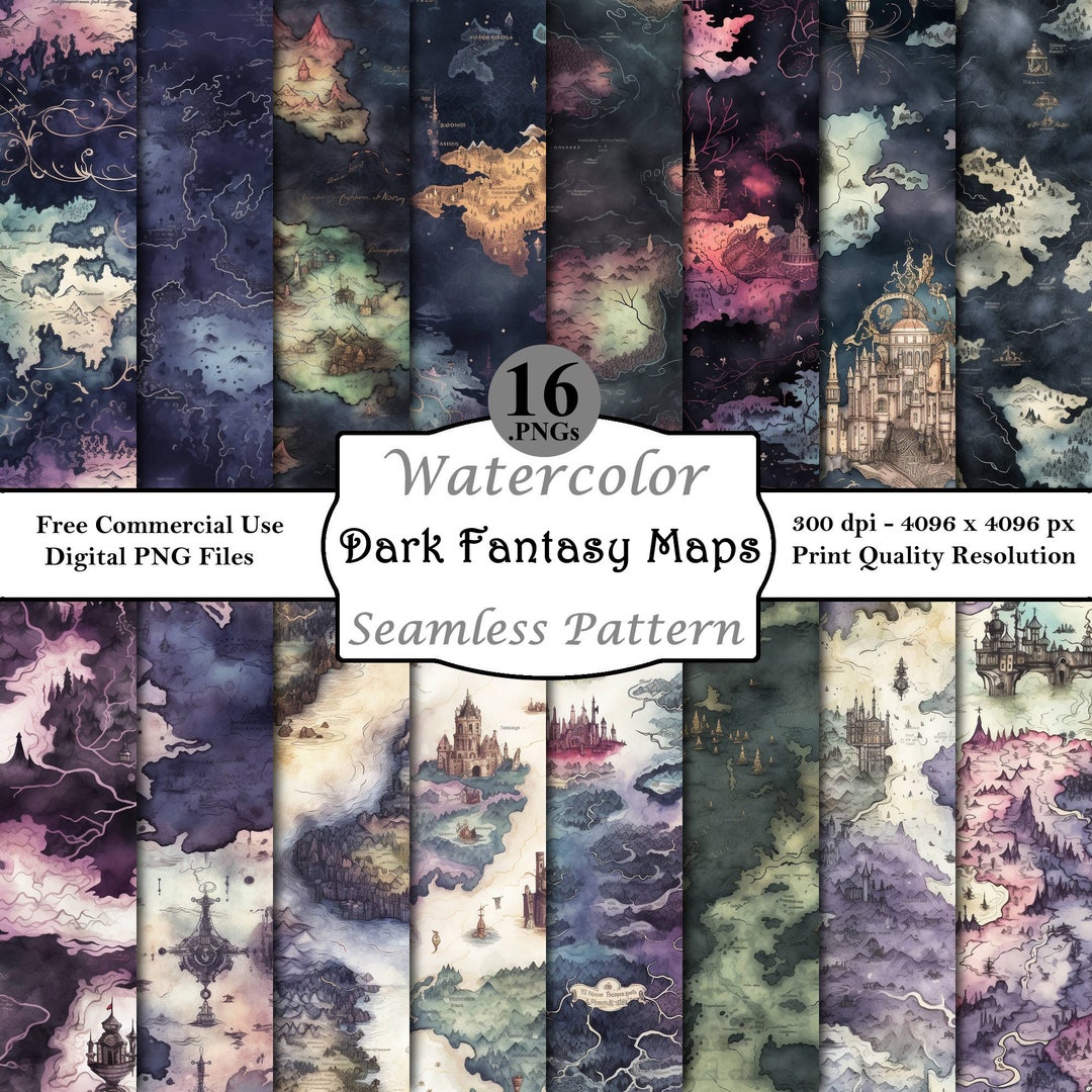 Dark Fantasy Map Watercolor Seamless Pattern Bundle Digital Papers ...