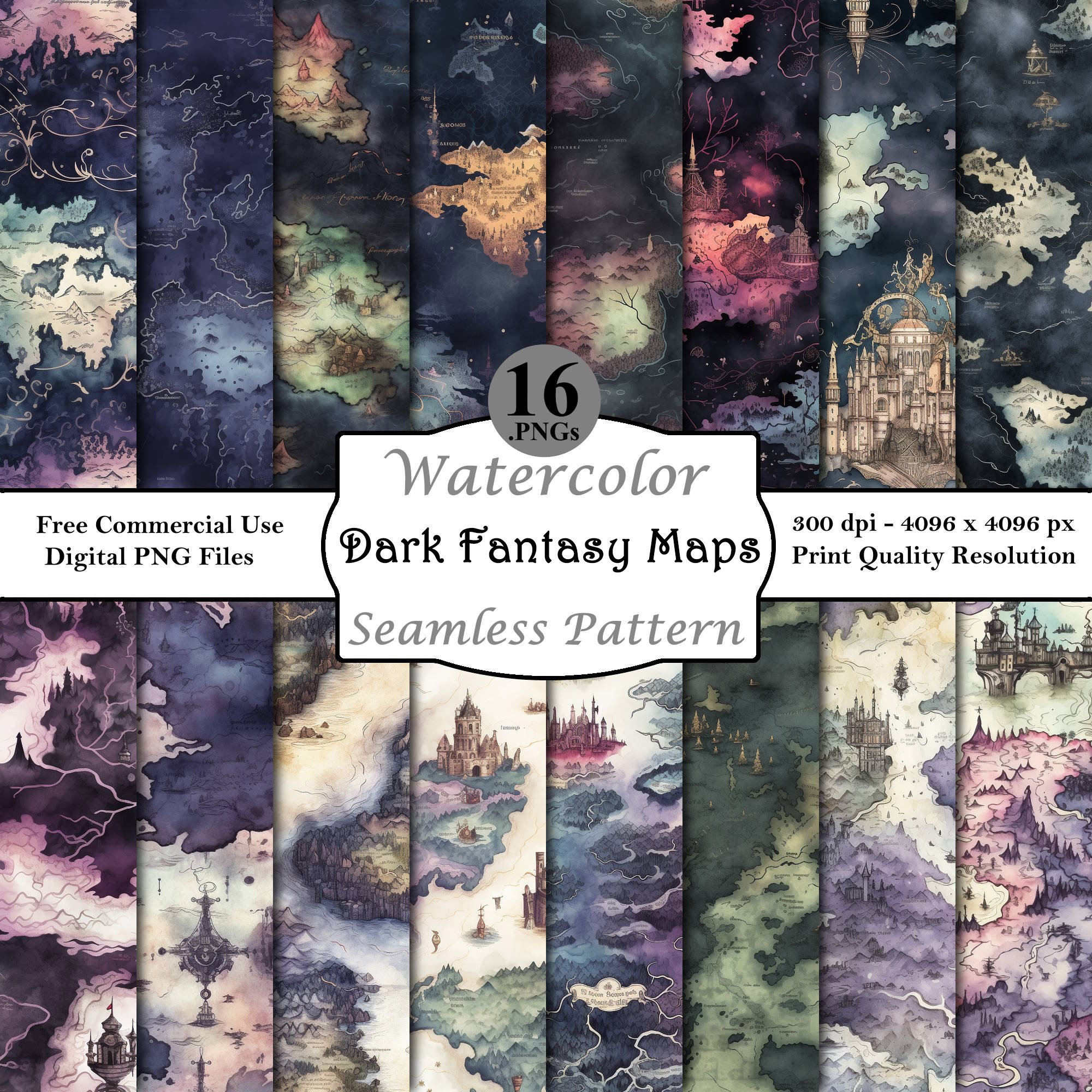 Dark Fantasy Map Watercolor Seamless Pattern Bundle Digital Papers ...