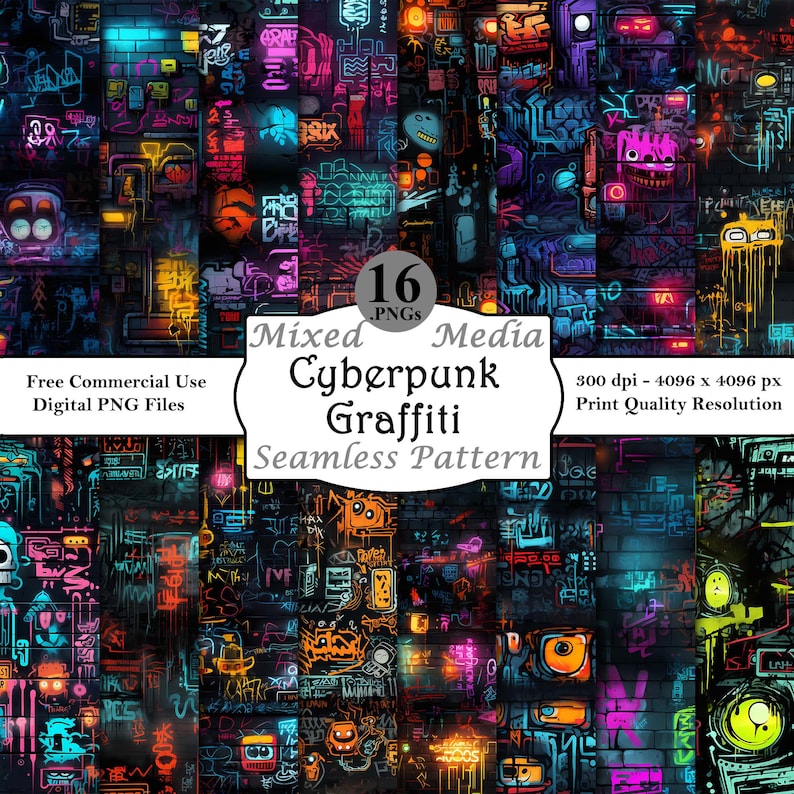 Cyberpunk Graffiti Seamless Pattern Bundle Digital Papers Printable ...