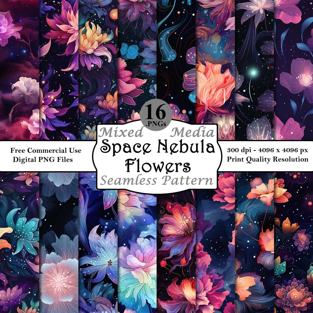 Space Nebula Flowers Seamless Pattern Bundle Digital Papers Printable ...