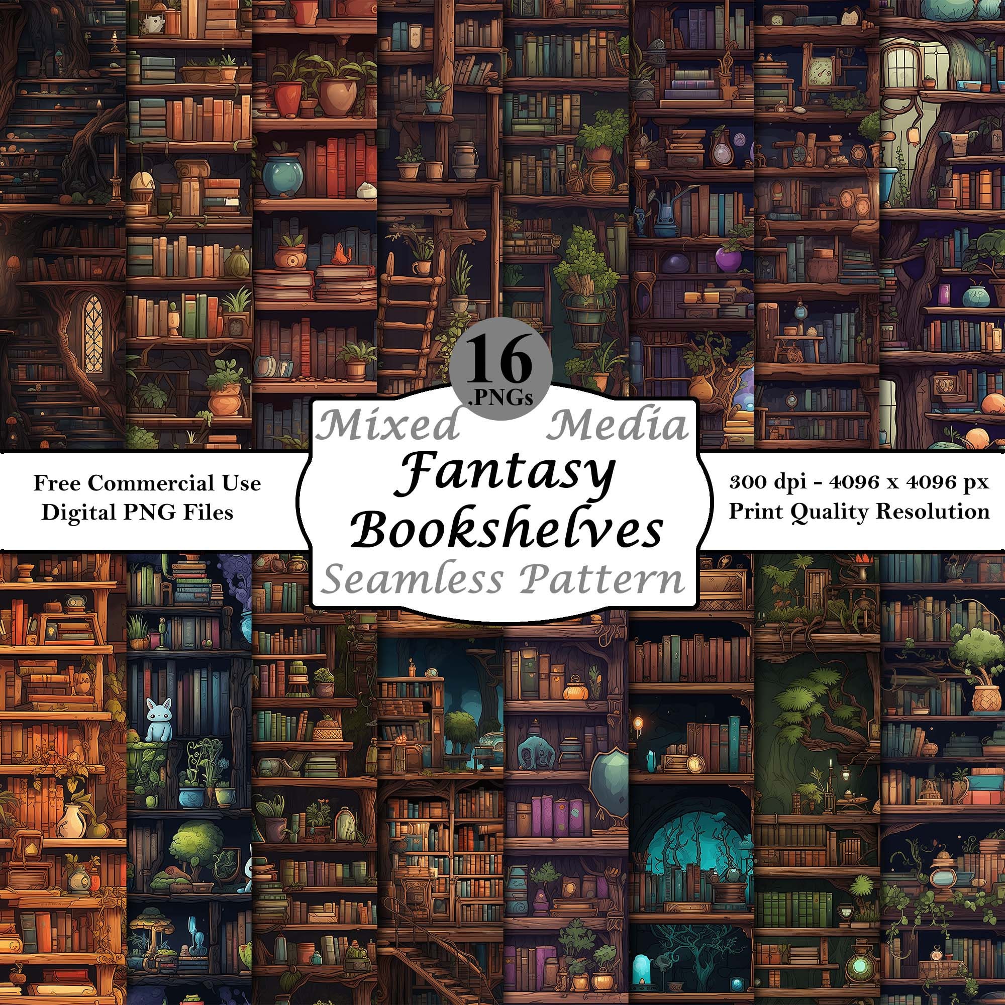 Fantasy Bookshelves Seamless Pattern Bundle Digital Papers Printable ...