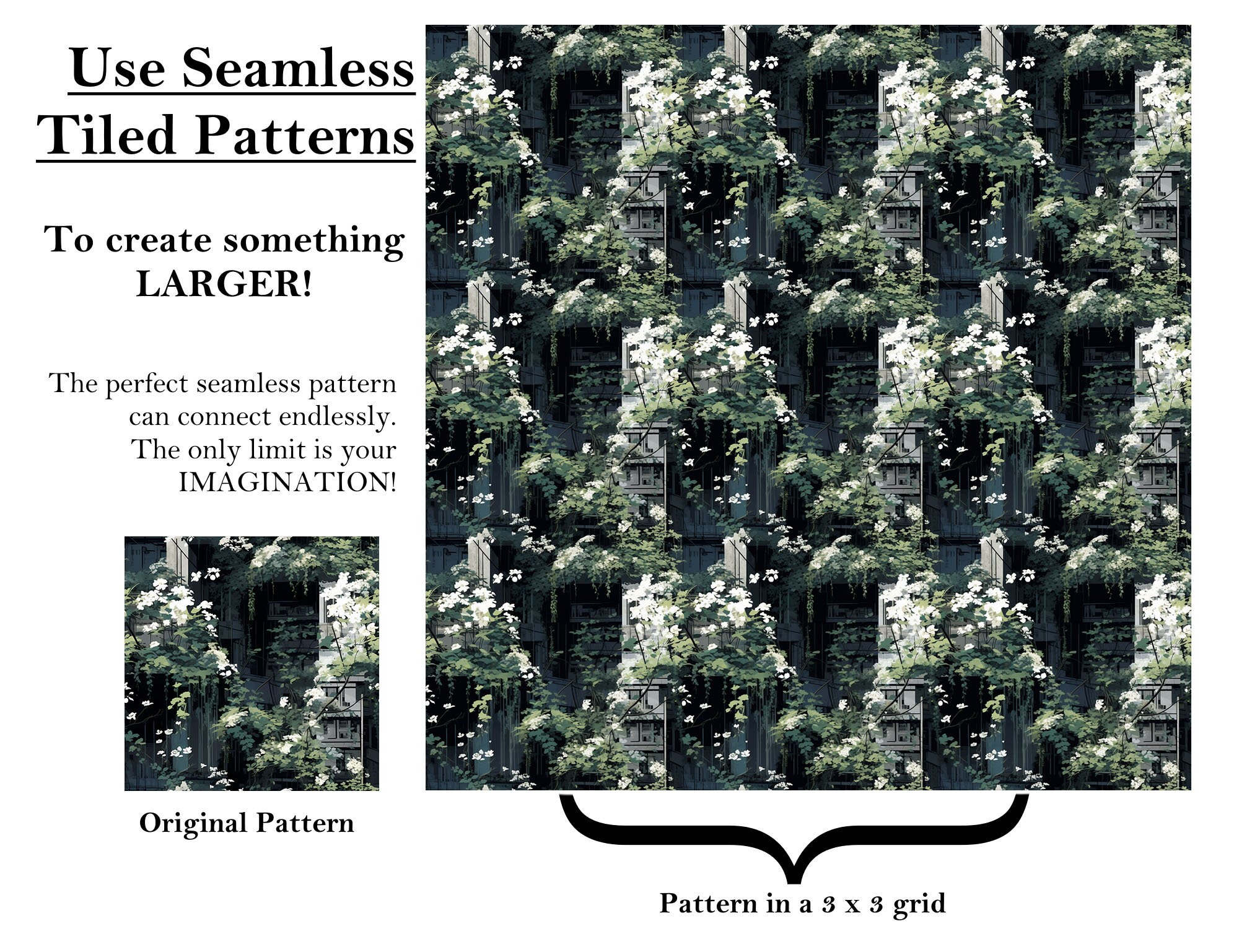 Overgrown Cyberpunk Cityscape Nature Seamless Pattern Bundle Digital ...