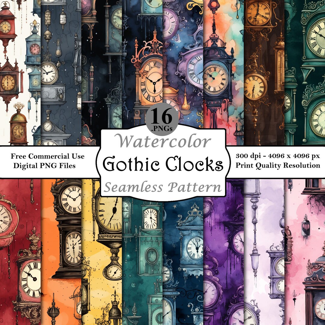 Gothic Clocks Watercolor Seamless Pattern Bundle 16 Digital Papers ...